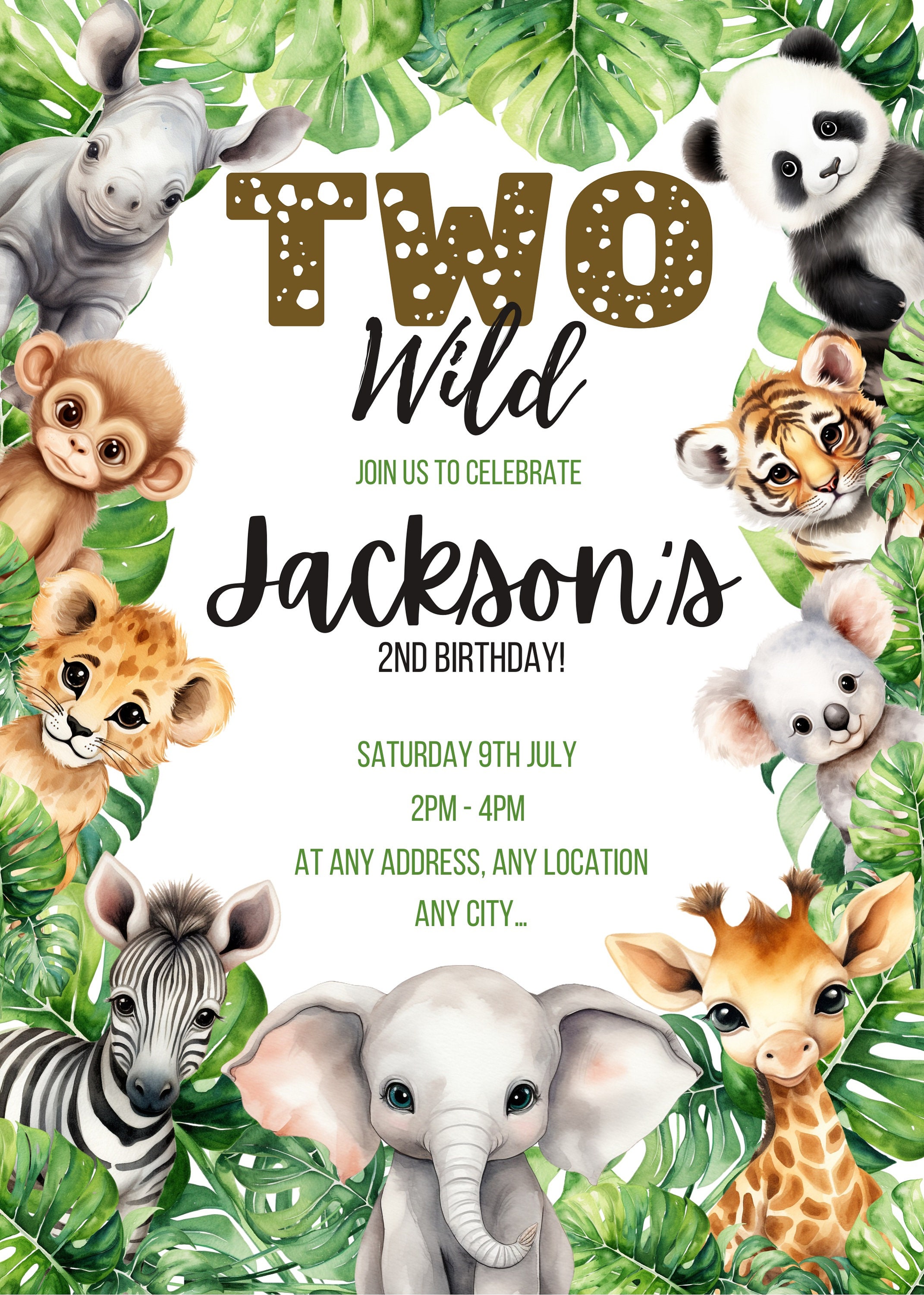 Printable Jungle Second Birthday Party Invitation Template Boys Invite ...