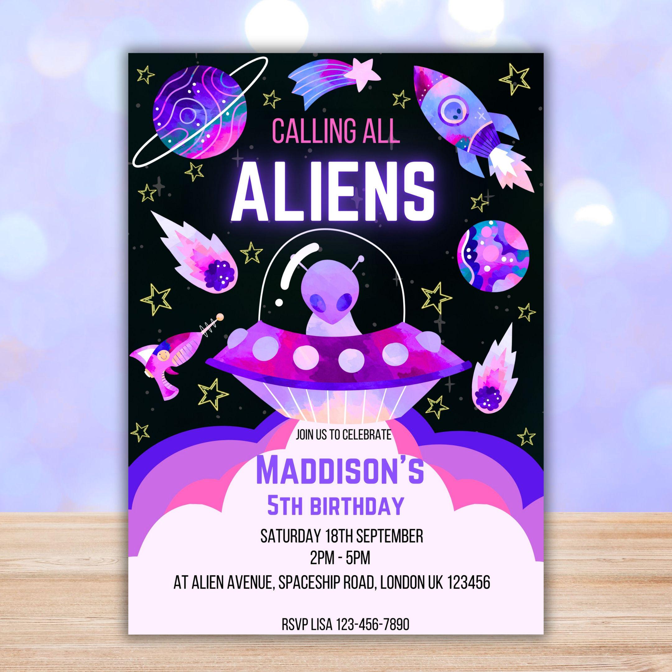 Printable Alien Birthday Invitation Girls Neon Alien Spaceship Editable ...