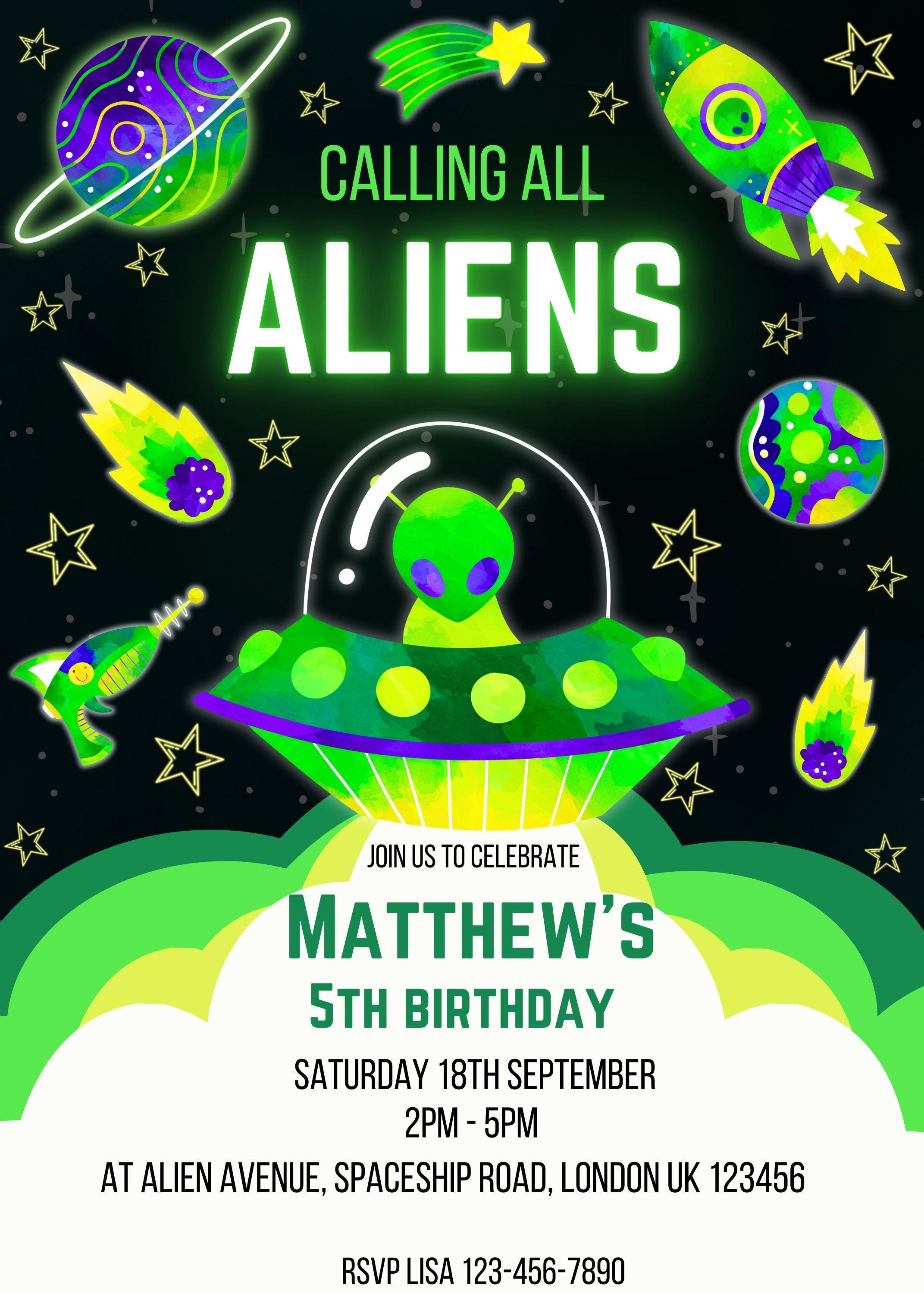 Printable Alien Birthday Invitation Boys Neon Alien Spaceship Editable ...