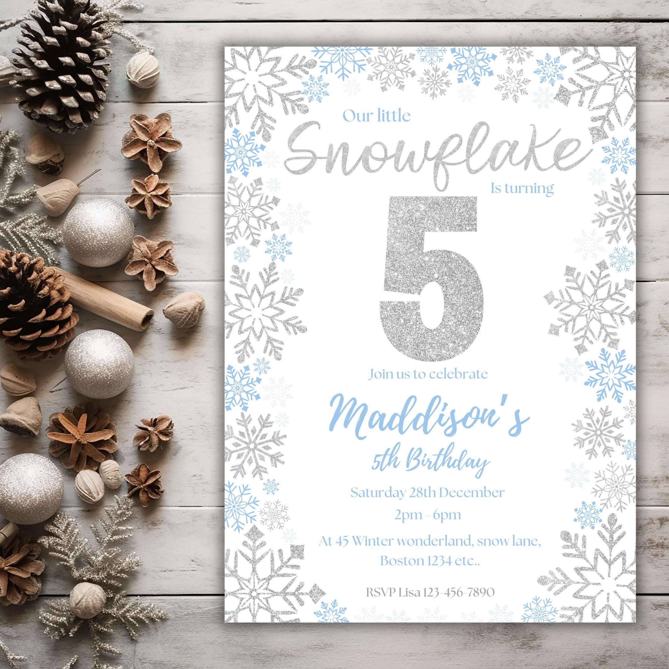Printable Snowflake 5th Birthday Invitation Winter Wonderland Glitter ...