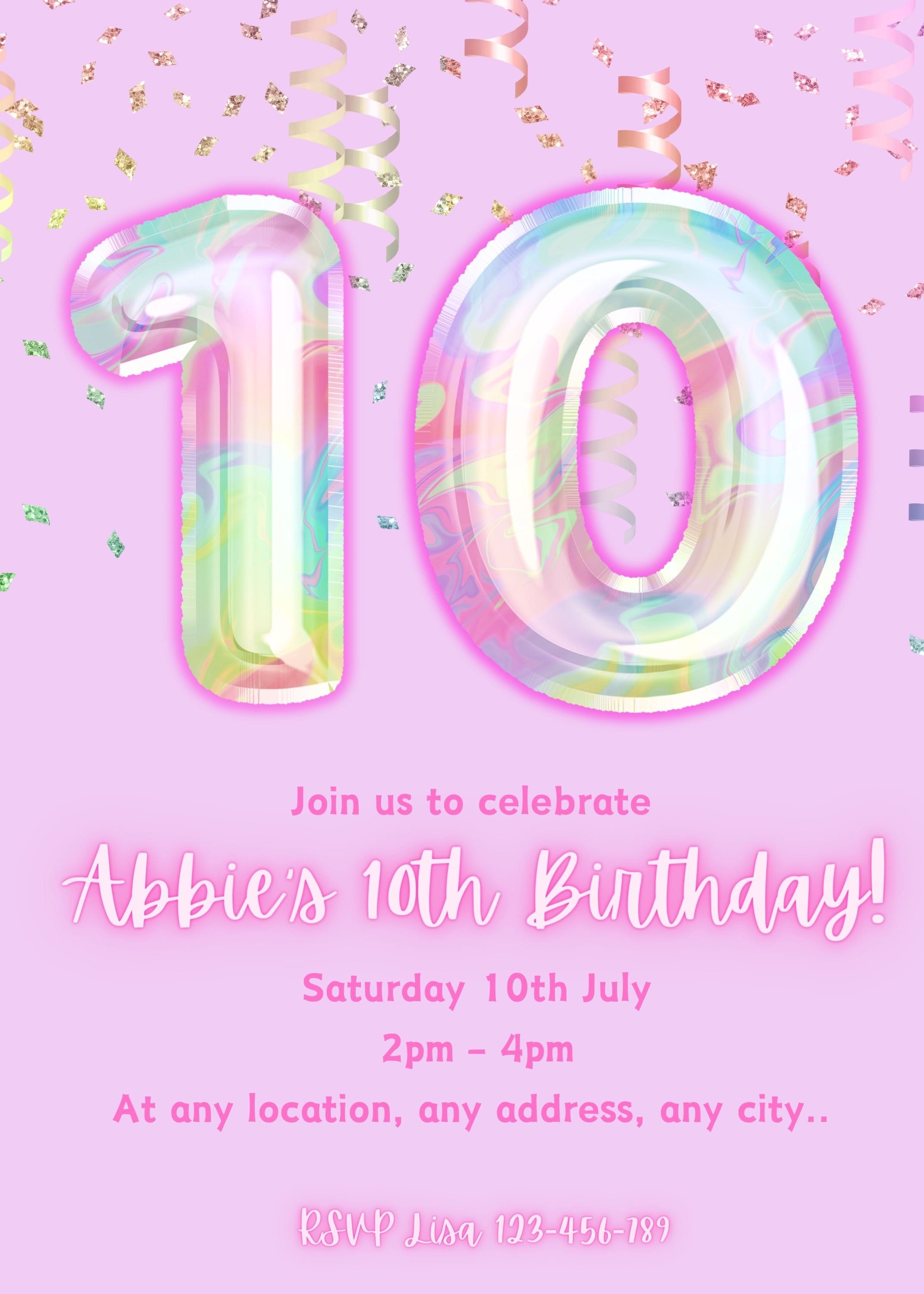 Editable Pink Girls 10th Birthday Invitation Glitter Template Foil ...