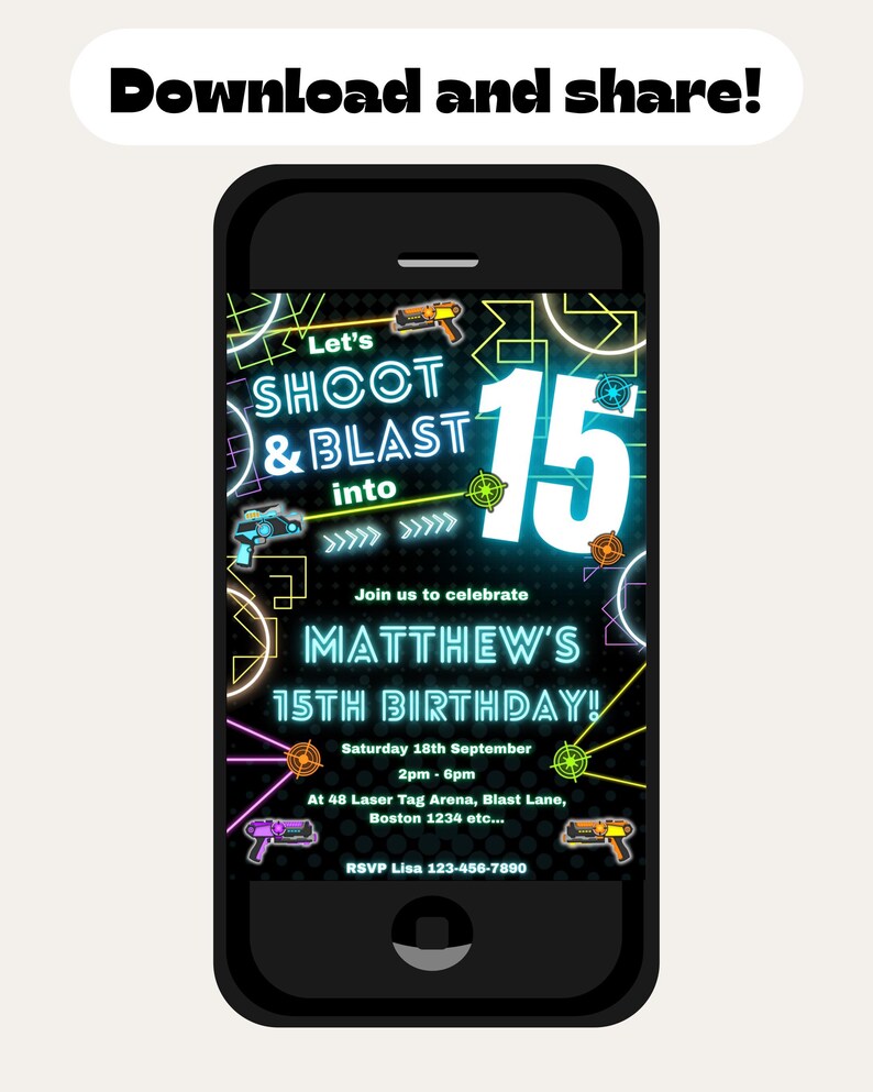 Printable Laser Tag 15th Birthday Invitation Neon Arcade Editable Boys ...