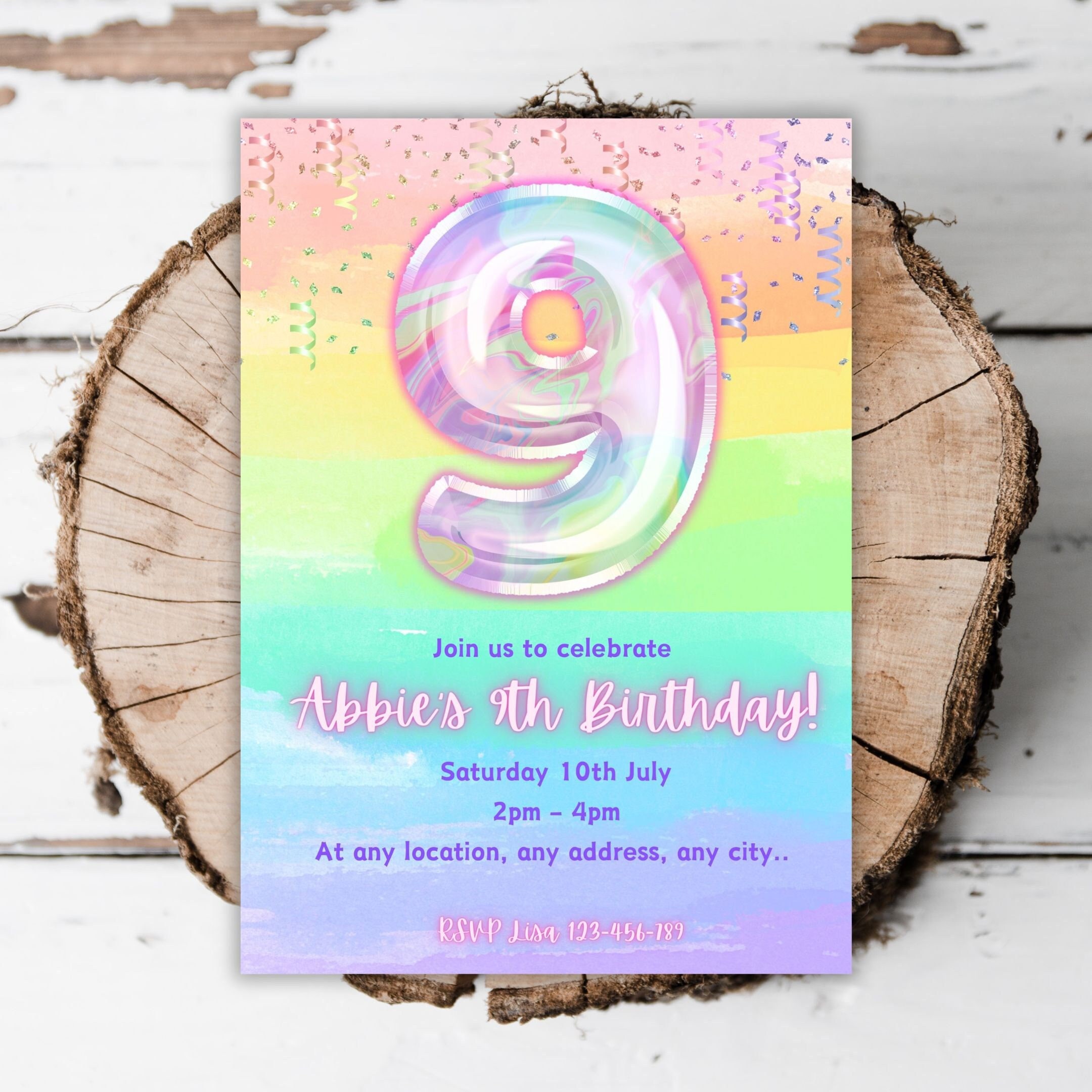 Printable Rainbow Girls 9th Birthday Invitation Glitter Template Foil ...