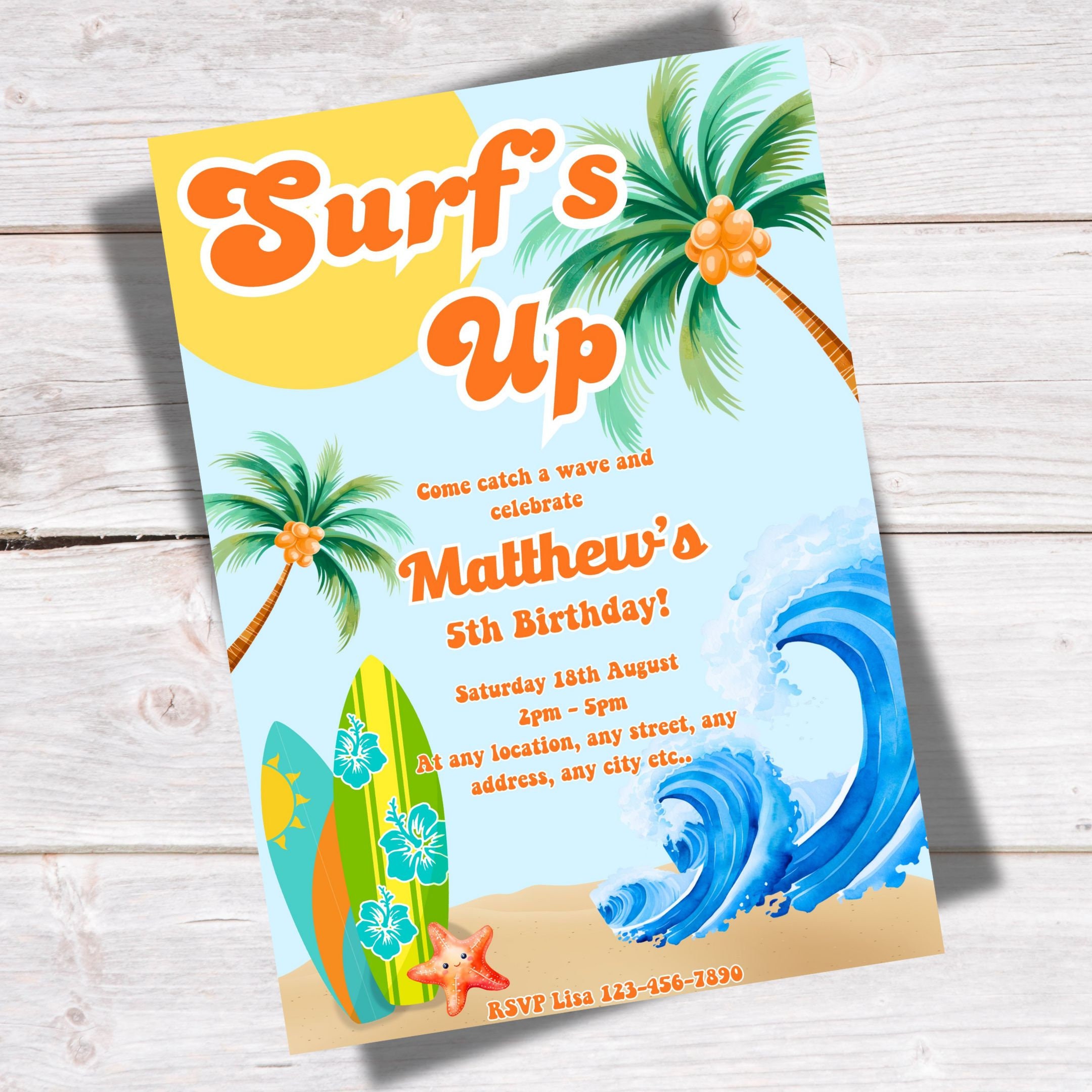 Printable Retro Beach Party Surfs up Boys Invitation Surfing Surfboard ...