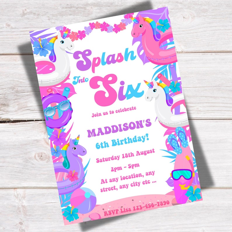 Printable Unicorn Splash Into Six Pool Party Bash Girls 6th Birthday ...
