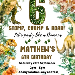 Printable Dinosaur 6th Birthday Invitation Dino Boys 6th Editable ...