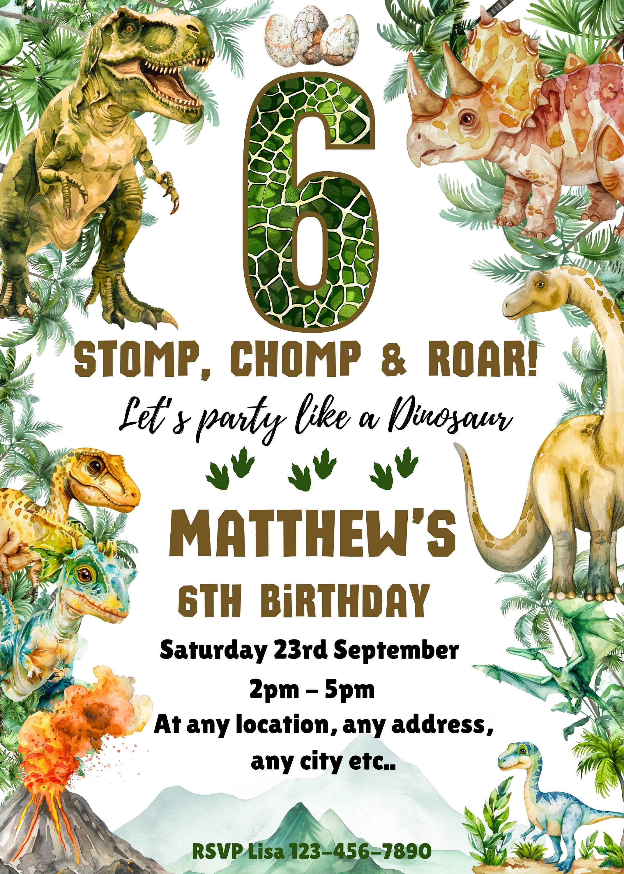 Printable Dinosaur Boys 6th Birthday Invitation Dino Editable Jurassic ...