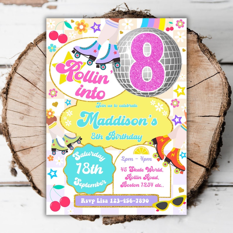 Printable Pastel Roller Skating Girls 8th Birthday Invitation Roller ...