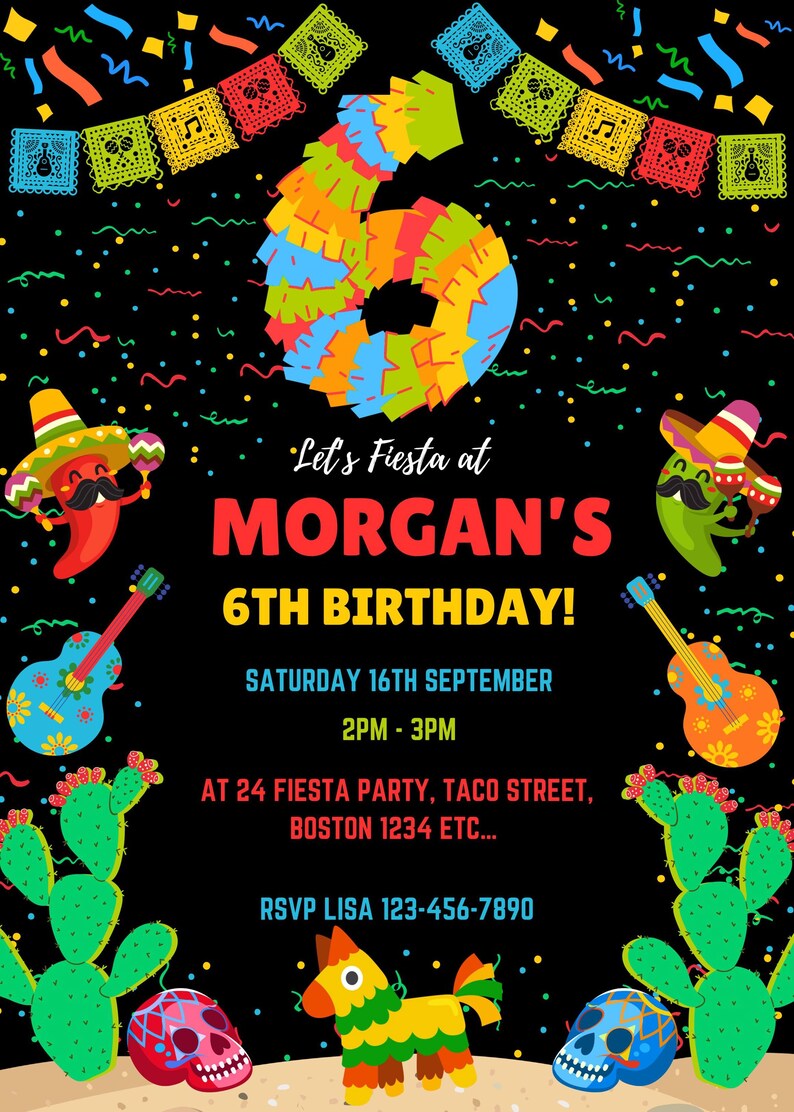 Printable Mexican 6th Birthday Invitation 6th Fiesta Party Editable ...