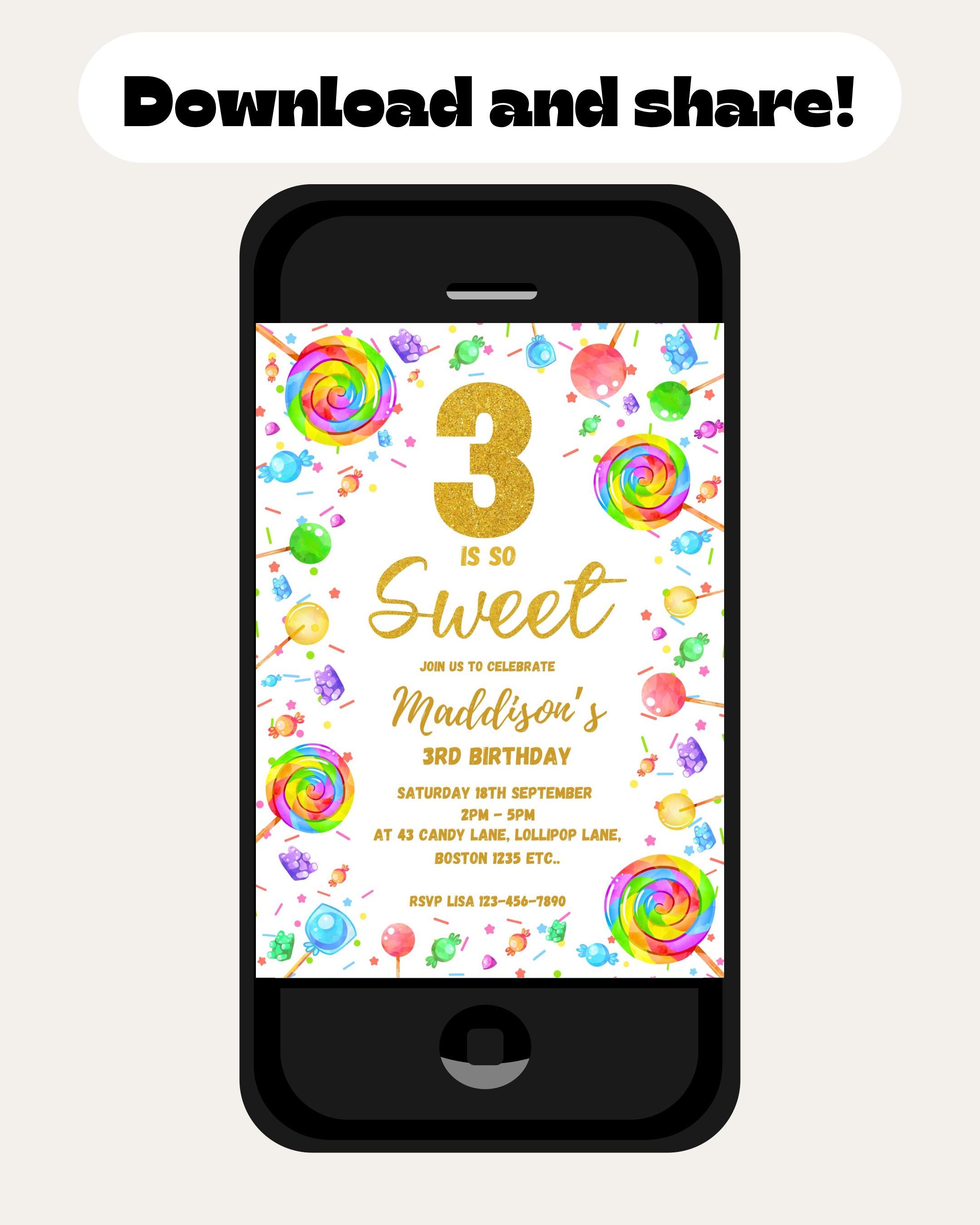 Printable Candy 3rd Birthday Invitation 3 is so Sweet Editable Candy ...