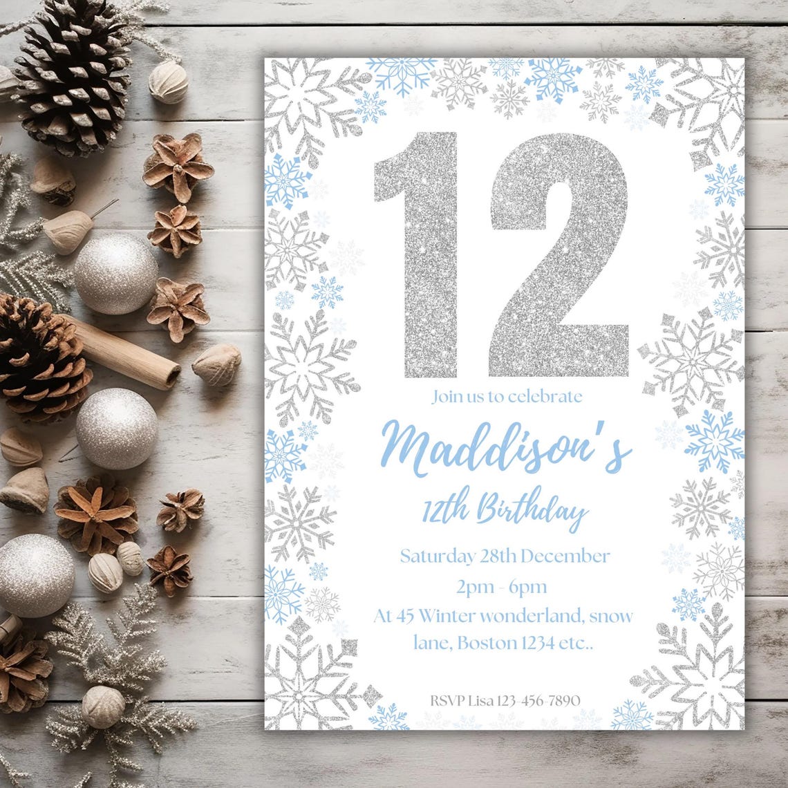 Printable Snowflake 12th Birthday Invitation Winter Wonderland Glitter ...