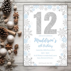 Printable Snowflake 12th Birthday Invitation Winter Wonderland Glitter ...