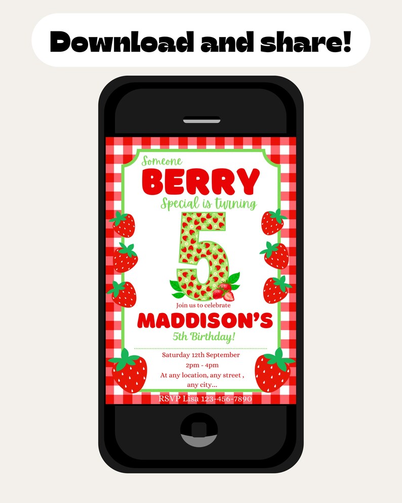 Printable Strawberry 5th Birthday Invitation Editable Berry Fifth Girl ...