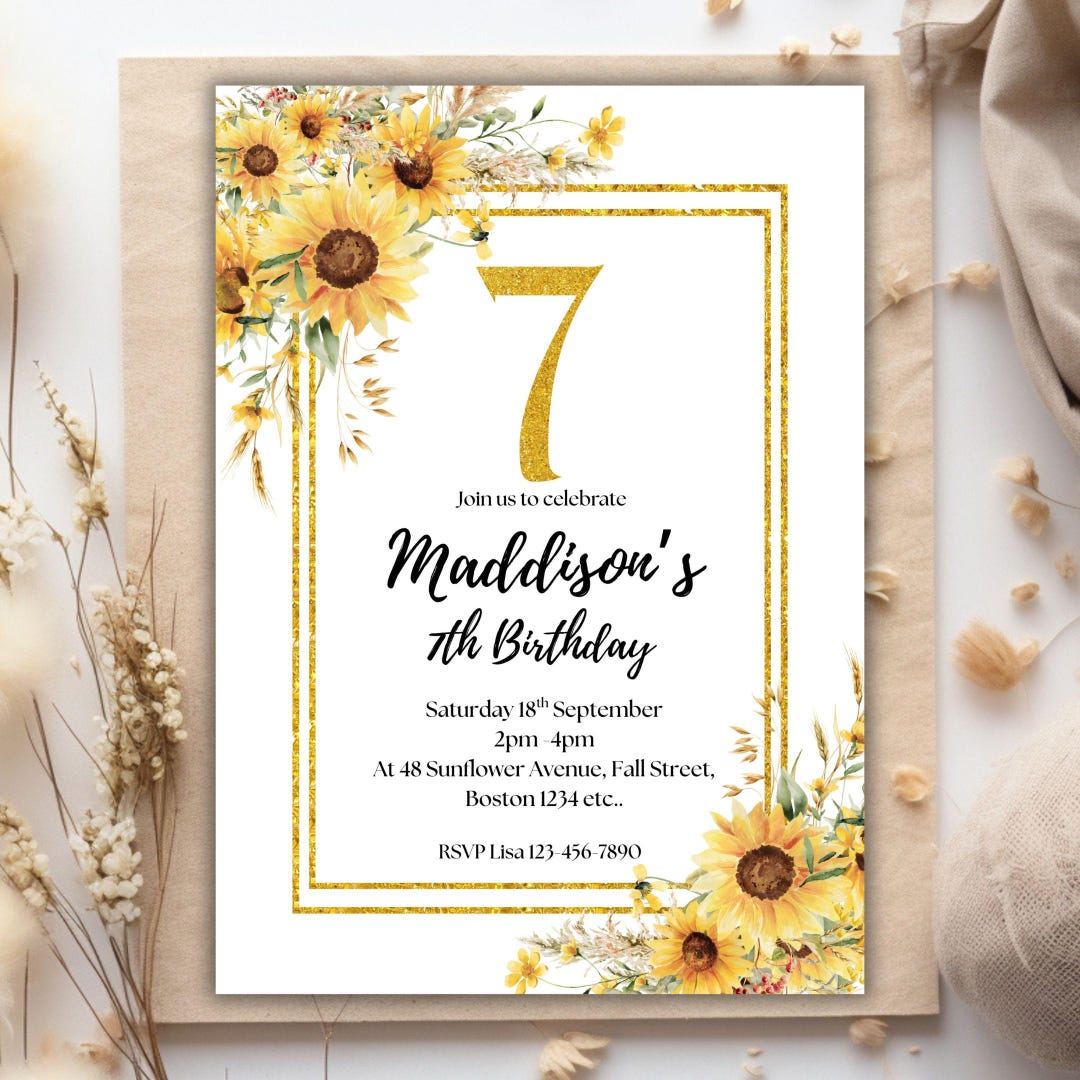 Printable Sunflower 7th Birthday Invitation Editable Rustic Flower ...