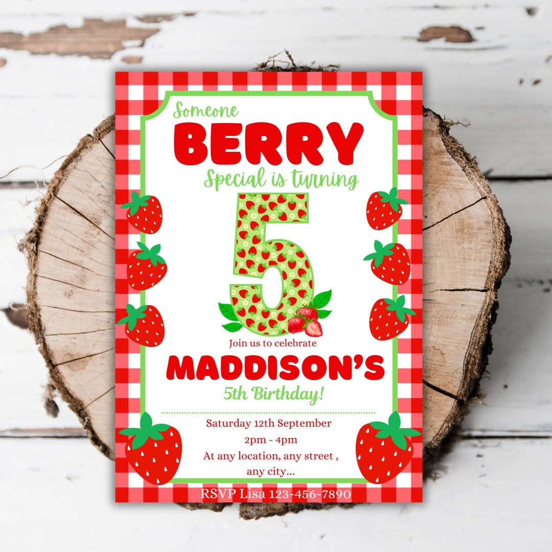 Printable Strawberry 5th Birthday Invitation Editable Berry Fifth Girl ...