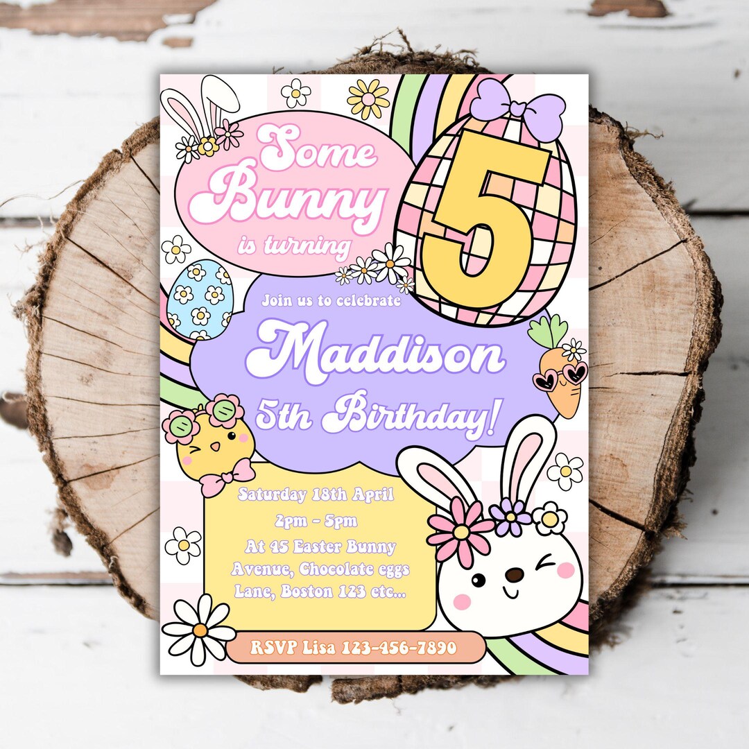 Printable Easter 5th Birthday Party Invitation Groovy Bunny Editable ...