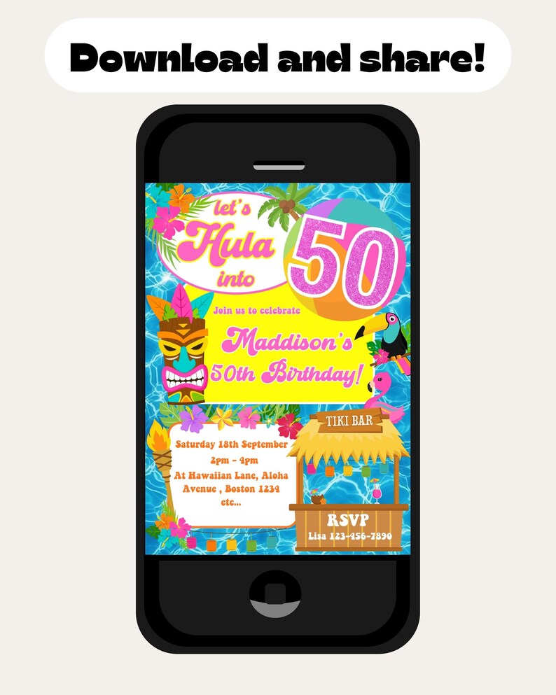 Printable Hawaiian Luau Women’s 50th Birthday Invitation Tropical Pool ...