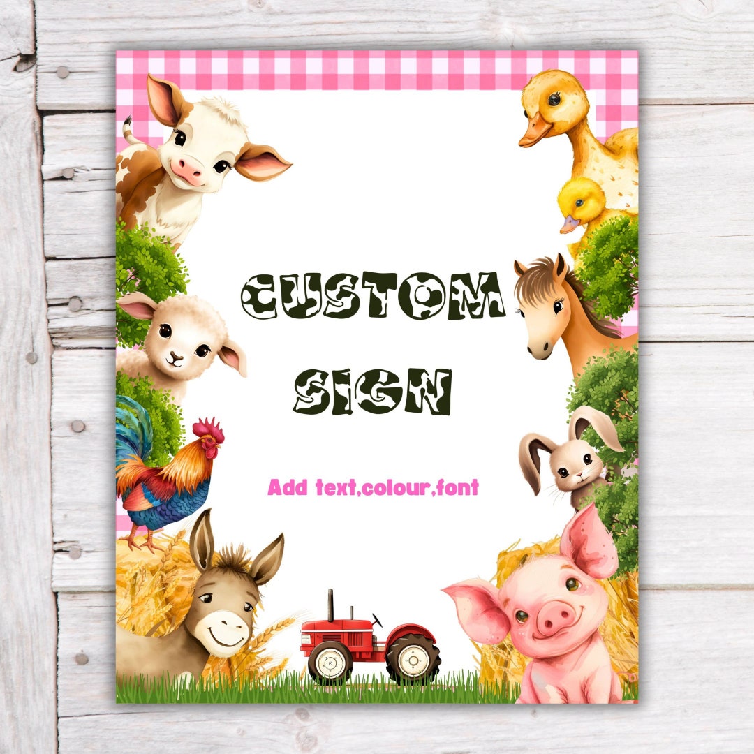 Printable Pink Farm Custom Birthday Party Sign Template Farm Animals ...