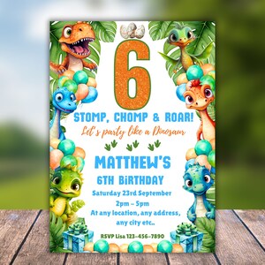 Printable Dinosaur Boys 6th Birthday Invitation Dino Editable Jurassic ...