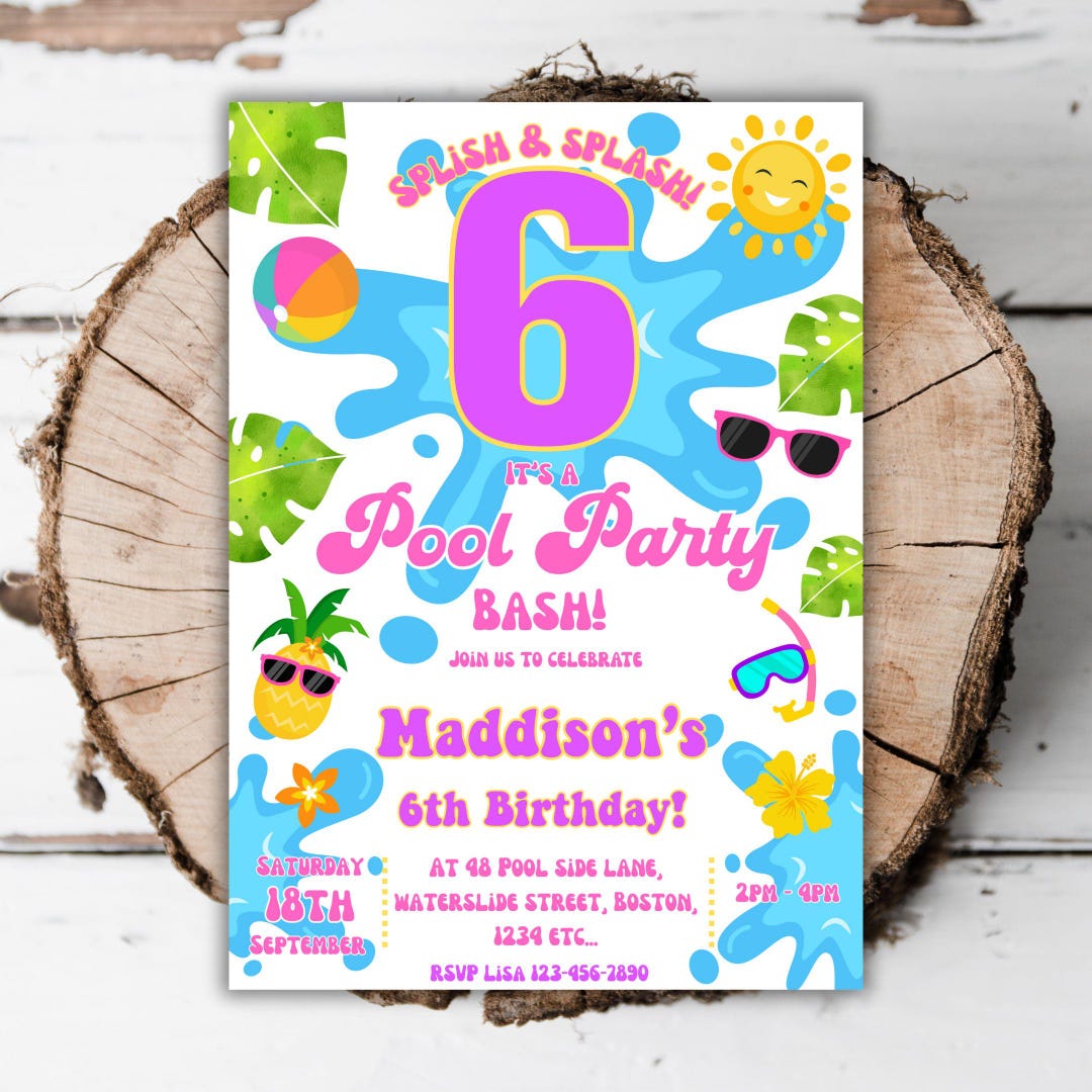 Printable Pool Party 6th Birthday Invitation Waterpark Editable Girls ...