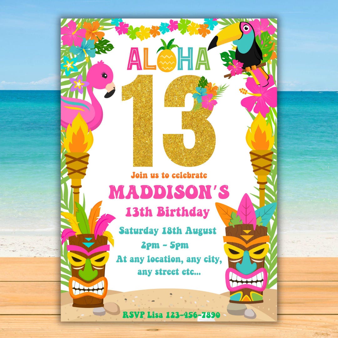 Printable Hawaiian Luau Girls 13th Birthday Invitation Tropical Pool ...