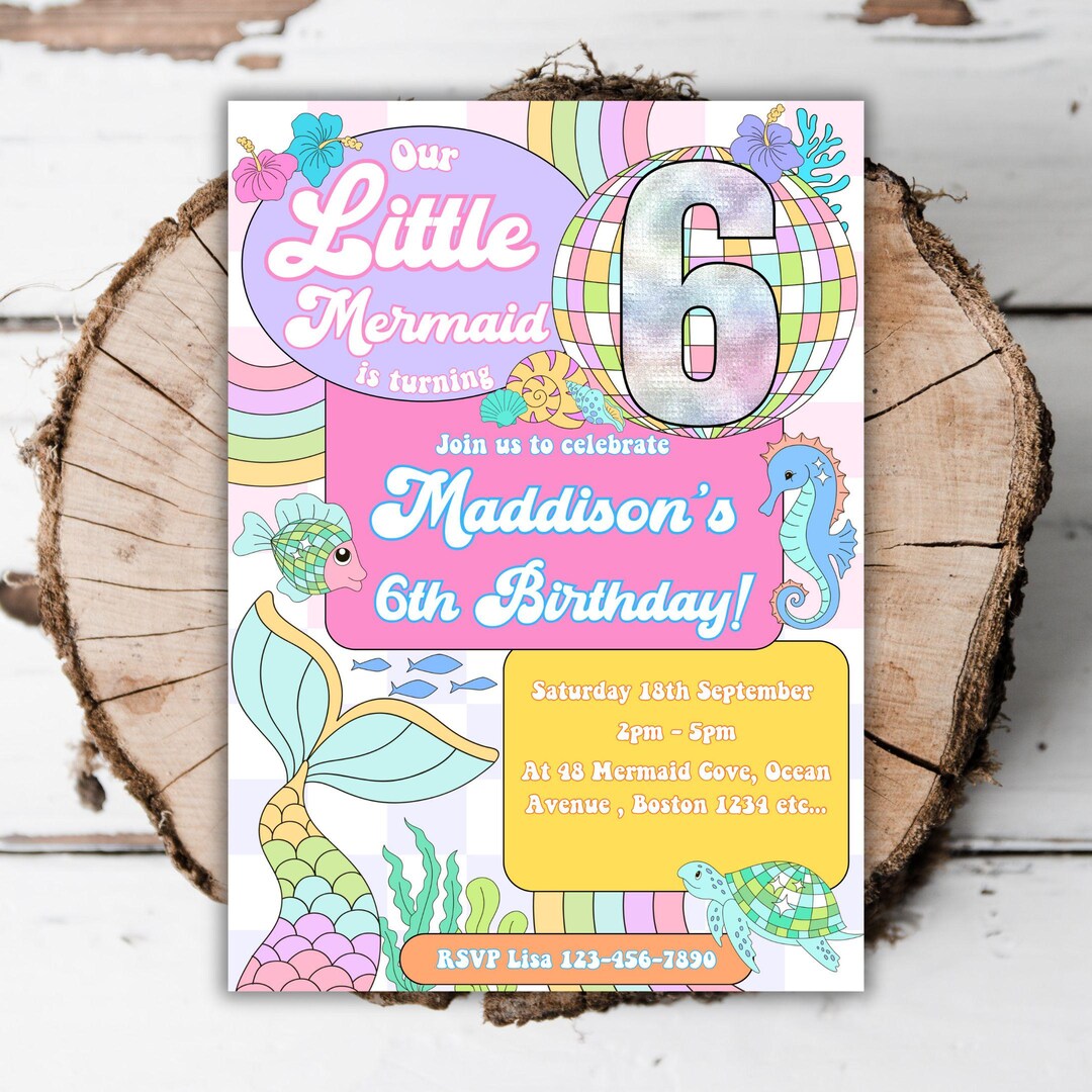 Printable Groovy Mermaid 6th Birthday Invitation Little Mermaid Pool ...