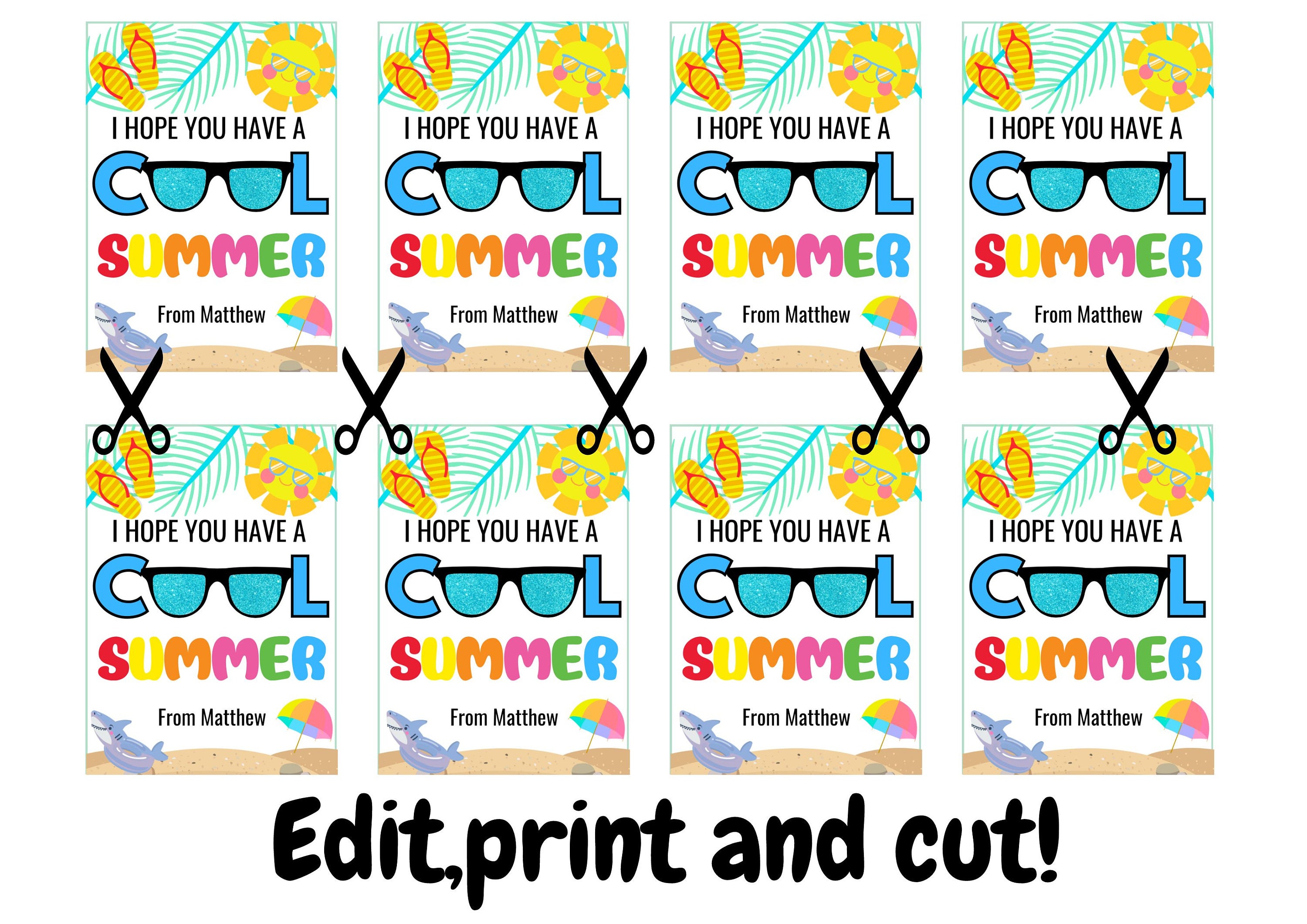 Printable End of School Year Tag Editable Cool Summer Beach Pool Party ...