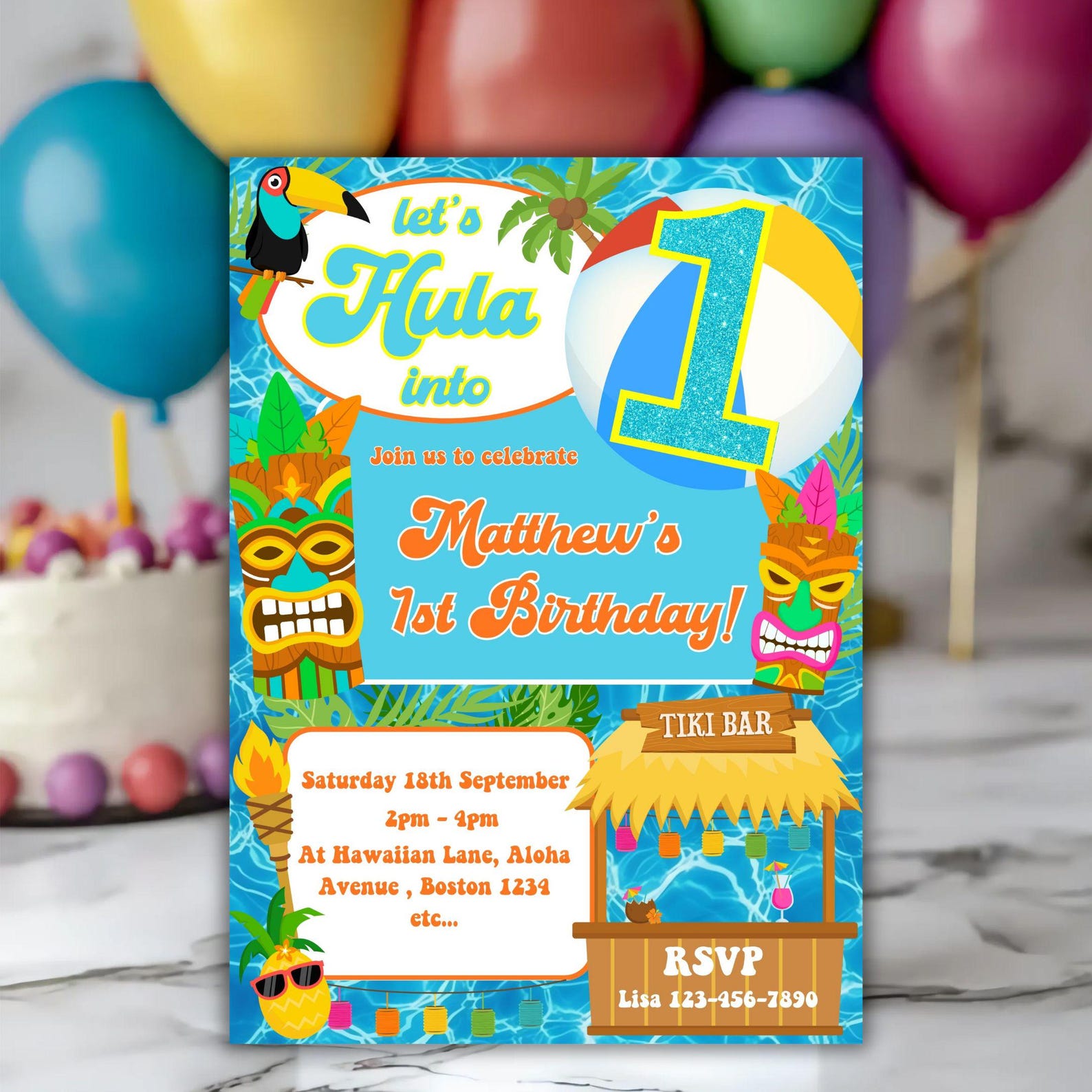 Printable Hawaiian Luau Boys 1st Birthday Invitation Tropical Pool ...