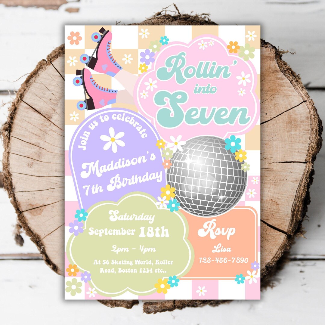 Printable Pastel Roller Skating Girls 7th Birthday Invitation Roller ...