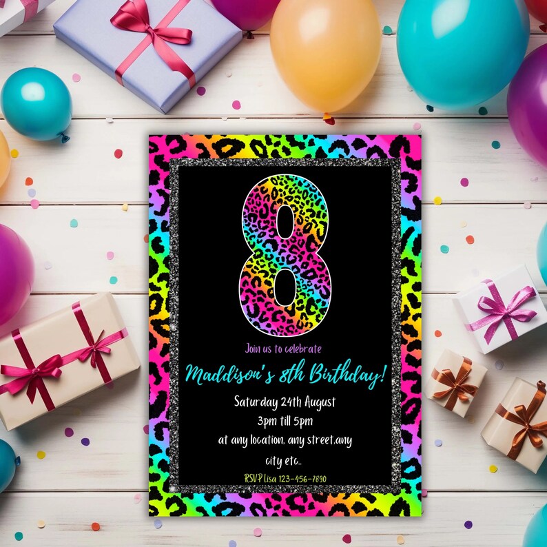 Printable Rainbow 8th Leopard Animal Print Girls Birthday Invitation ...