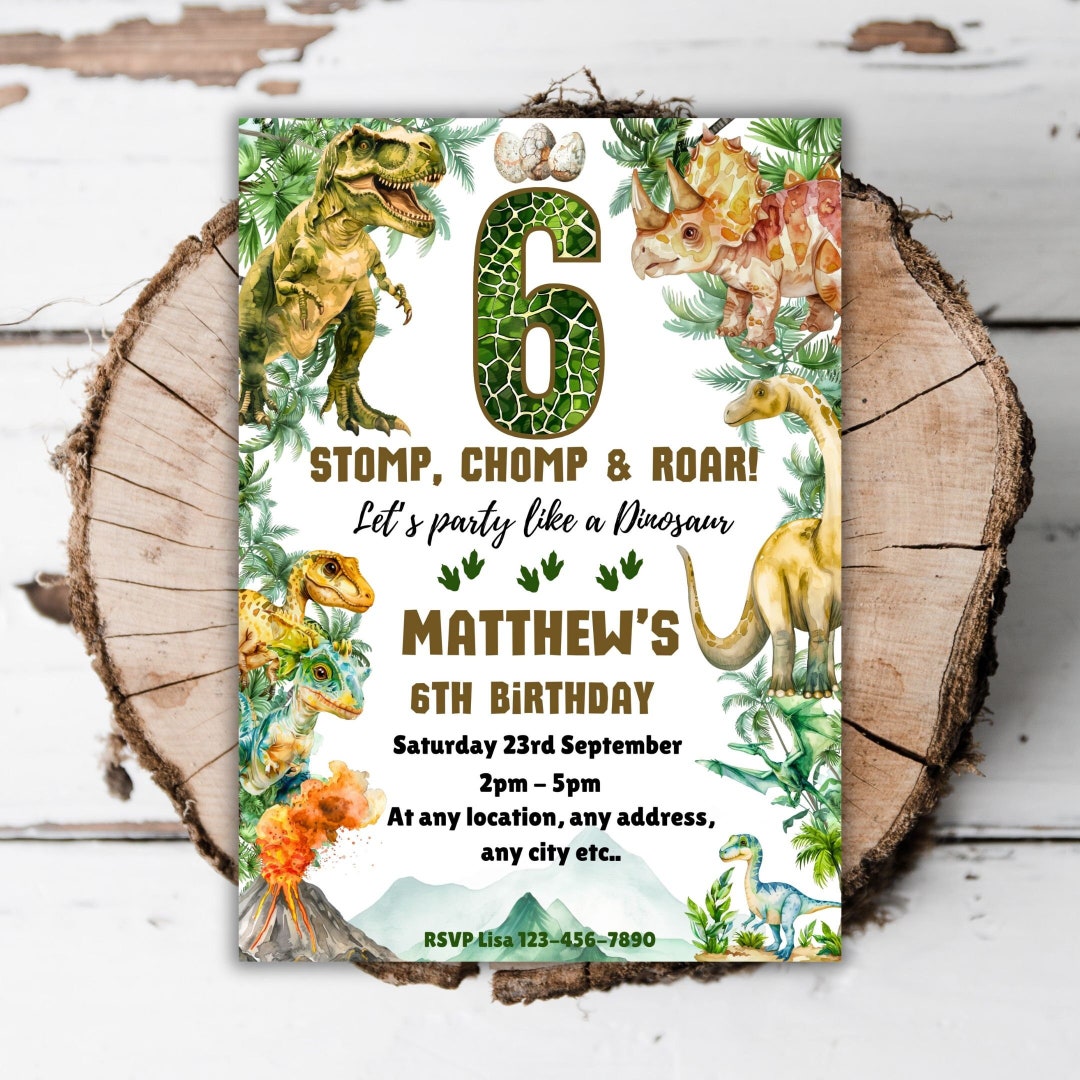 Printable Dinosaur Boys 6th Birthday Invitation Dino Editable Jurassic ...
