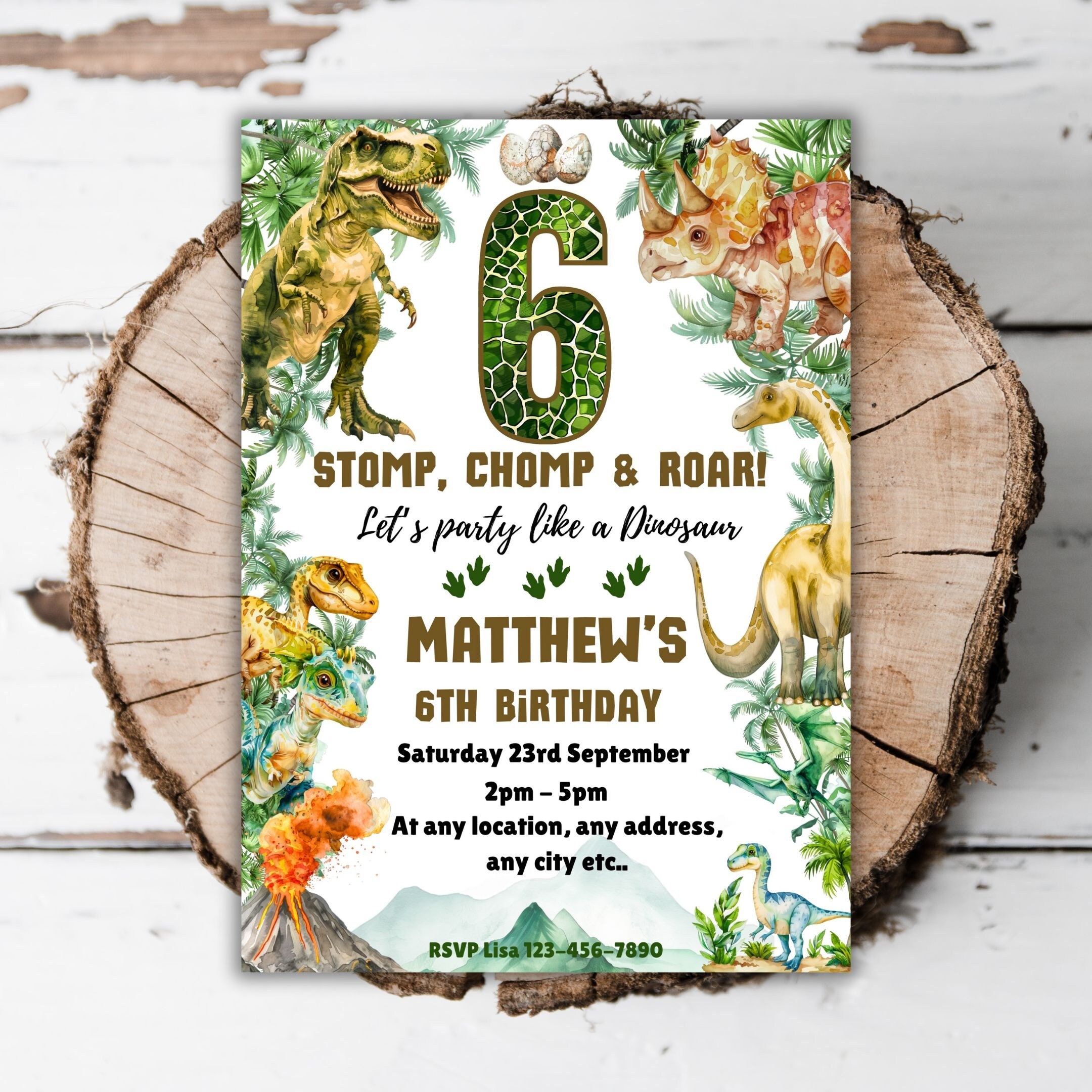 Printable Dinosaur Boys 6th Birthday Invitation Dino Editable Jurassic ...