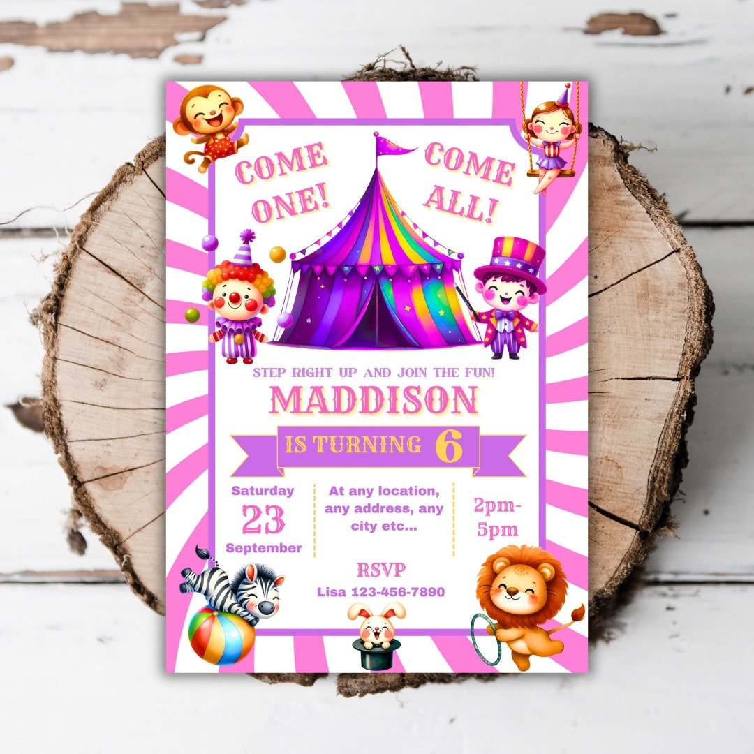 Printable Circus Girls Birthday Invitation Pink Purple Carnival Ticket ...