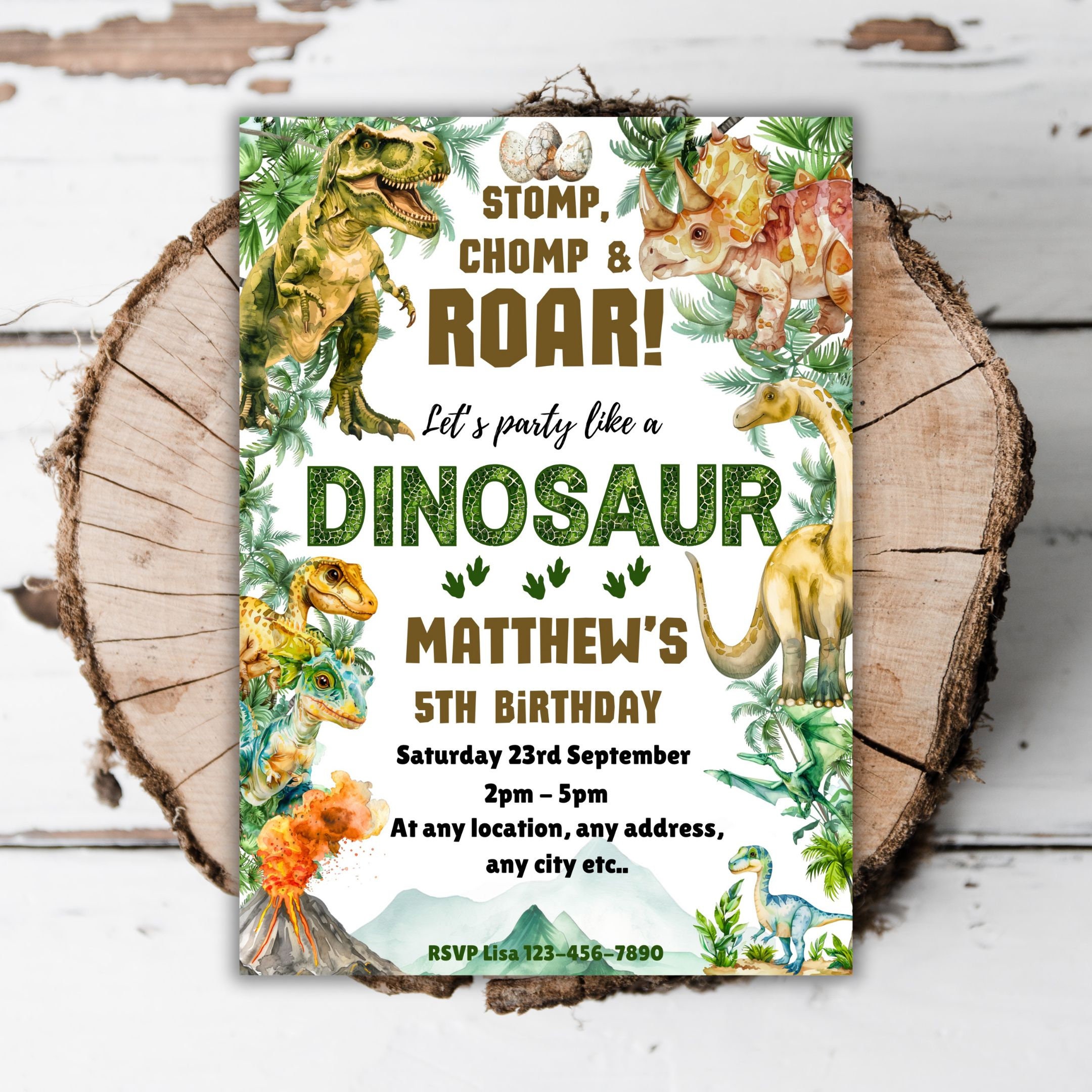 Printable Dinosaur Birthday Invitation Boys Stomp Chomp and Roar Dino ...