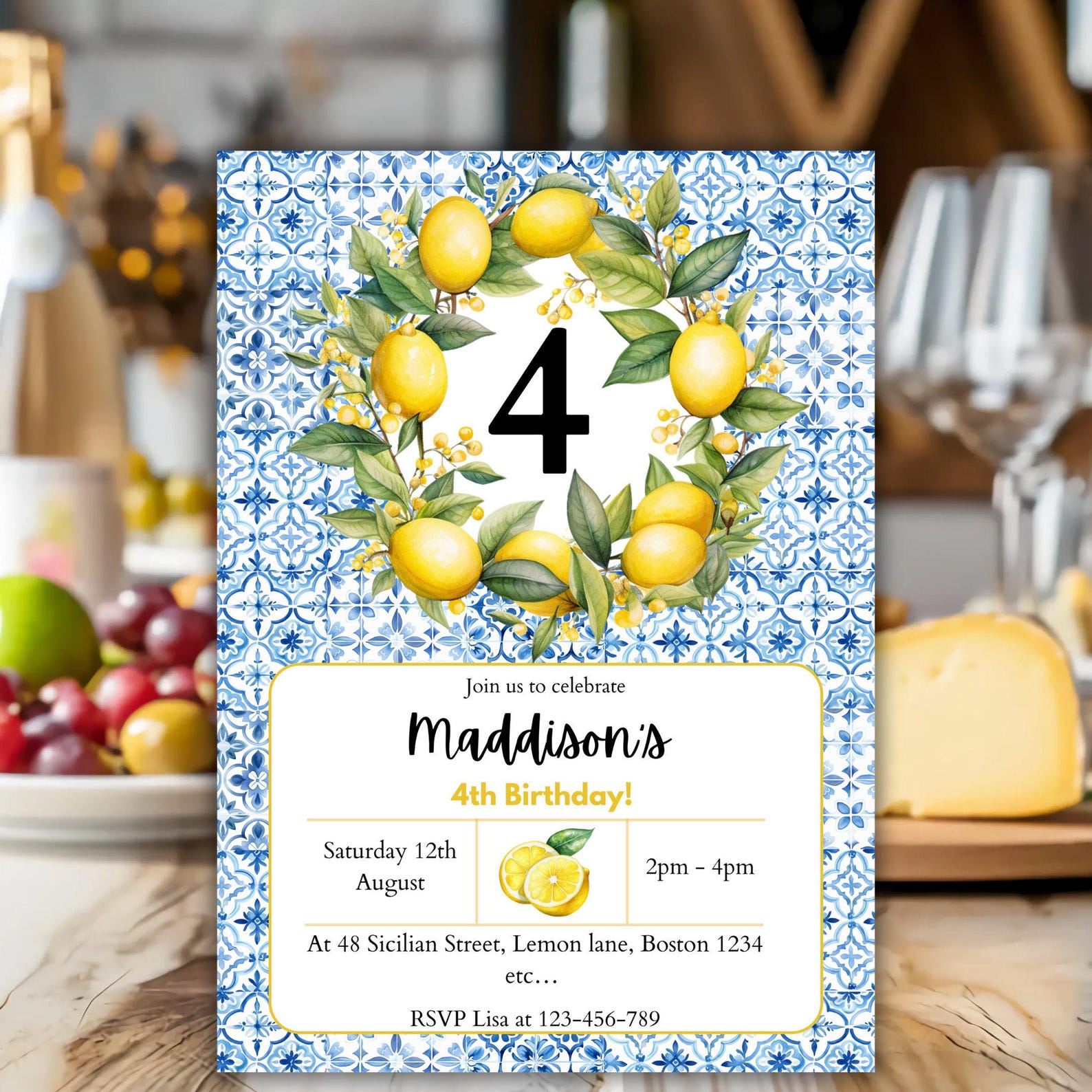 Printable Sicilian 4th Birthday Invitation Girls Lemon Italy Turning ...
