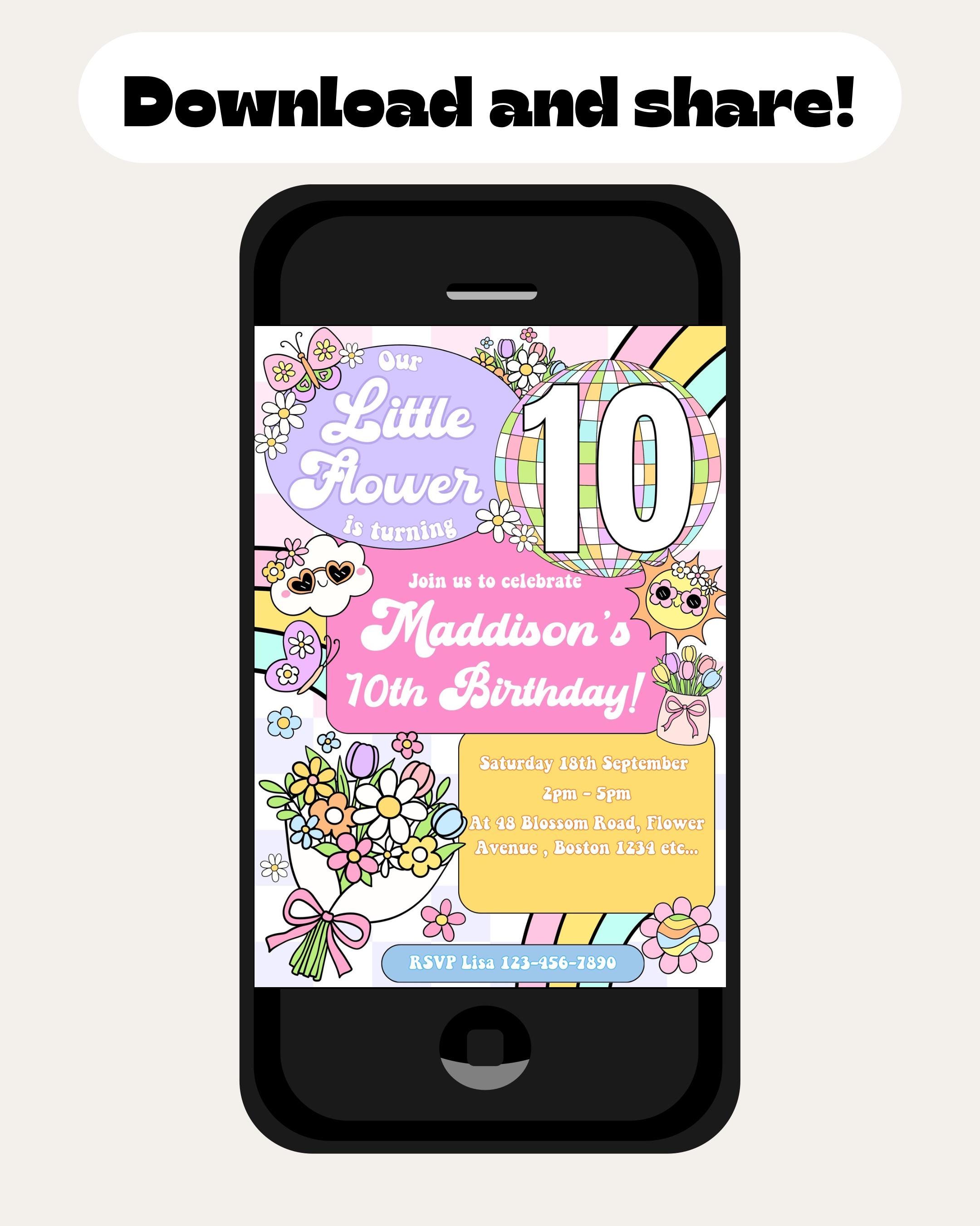Printable Flower 10th Birthday Party Invitation Groovy Floral Editable ...
