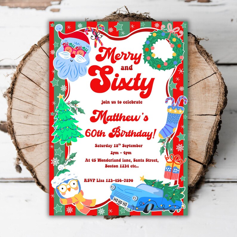 Printable Christmas 60th Birthday Invitation Mens Celebrate Party ...