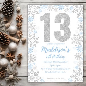 Printable Snowflake 13th Birthday Invitation Winter Wonderland Glitter ...