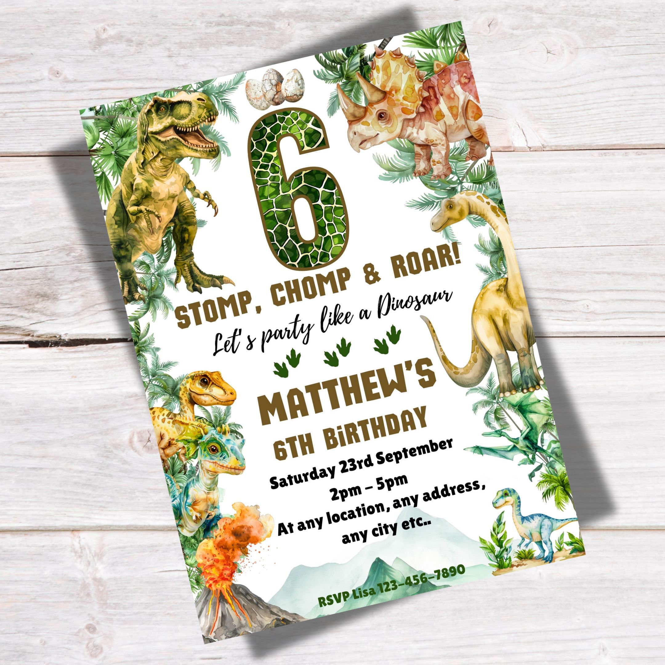 Printable Dinosaur Boys 6th Birthday Invitation Dino Editable Jurassic ...