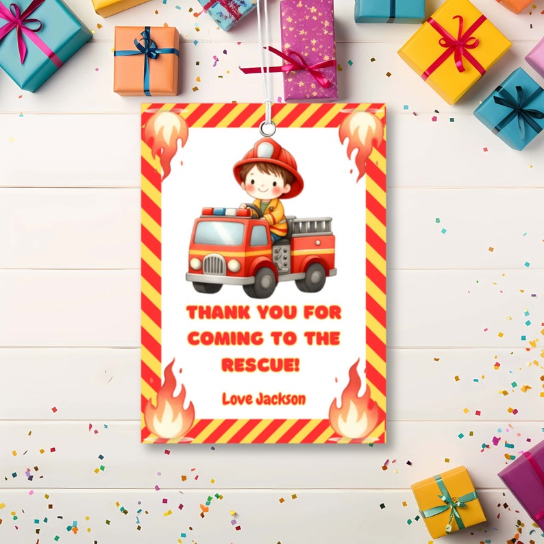 Printable Firefighter Boys Birthday Party Favor Tag Fire Truck Party ...