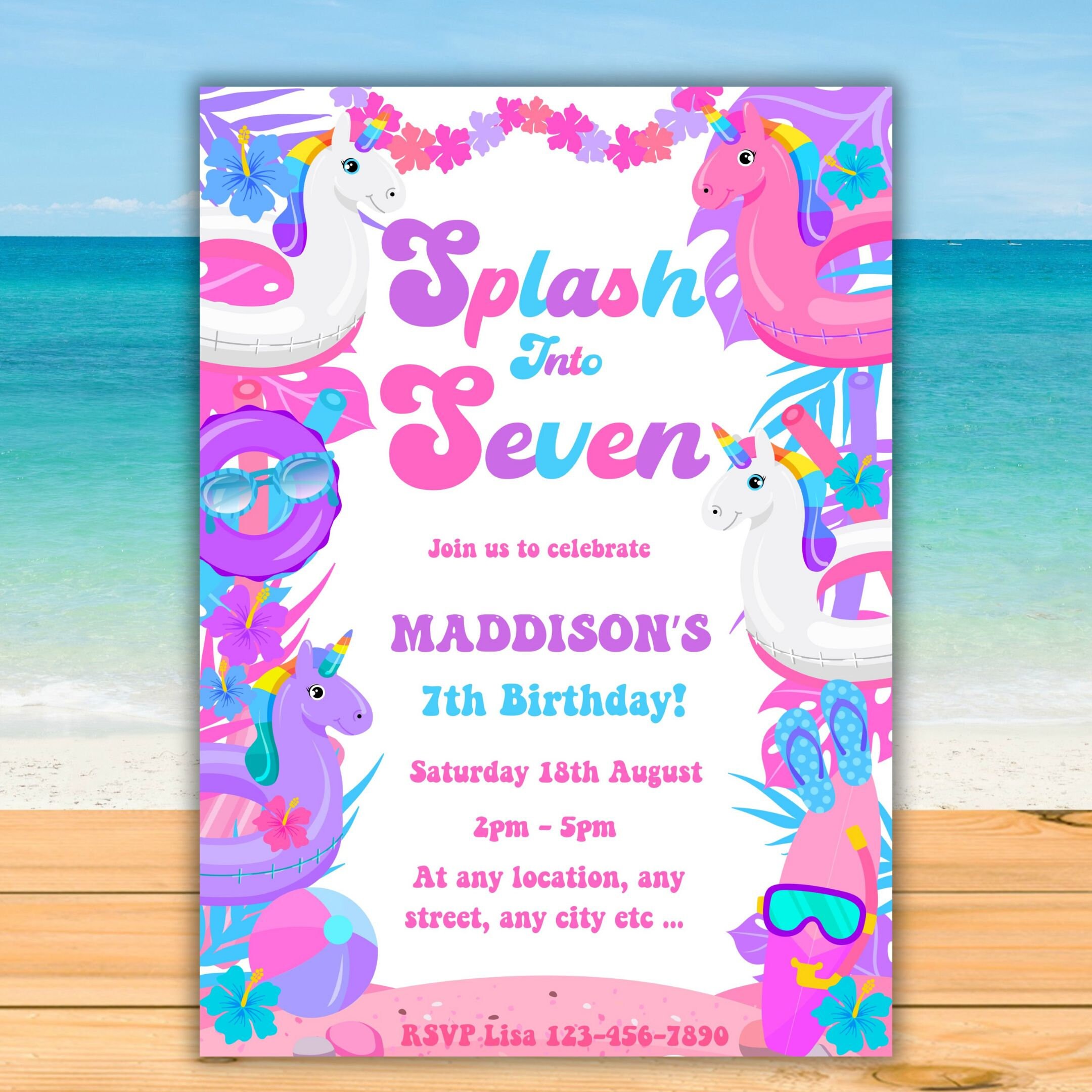 Printable Unicorn Splash Into Seven Pool Party Bash Girls 7th Birthday ...