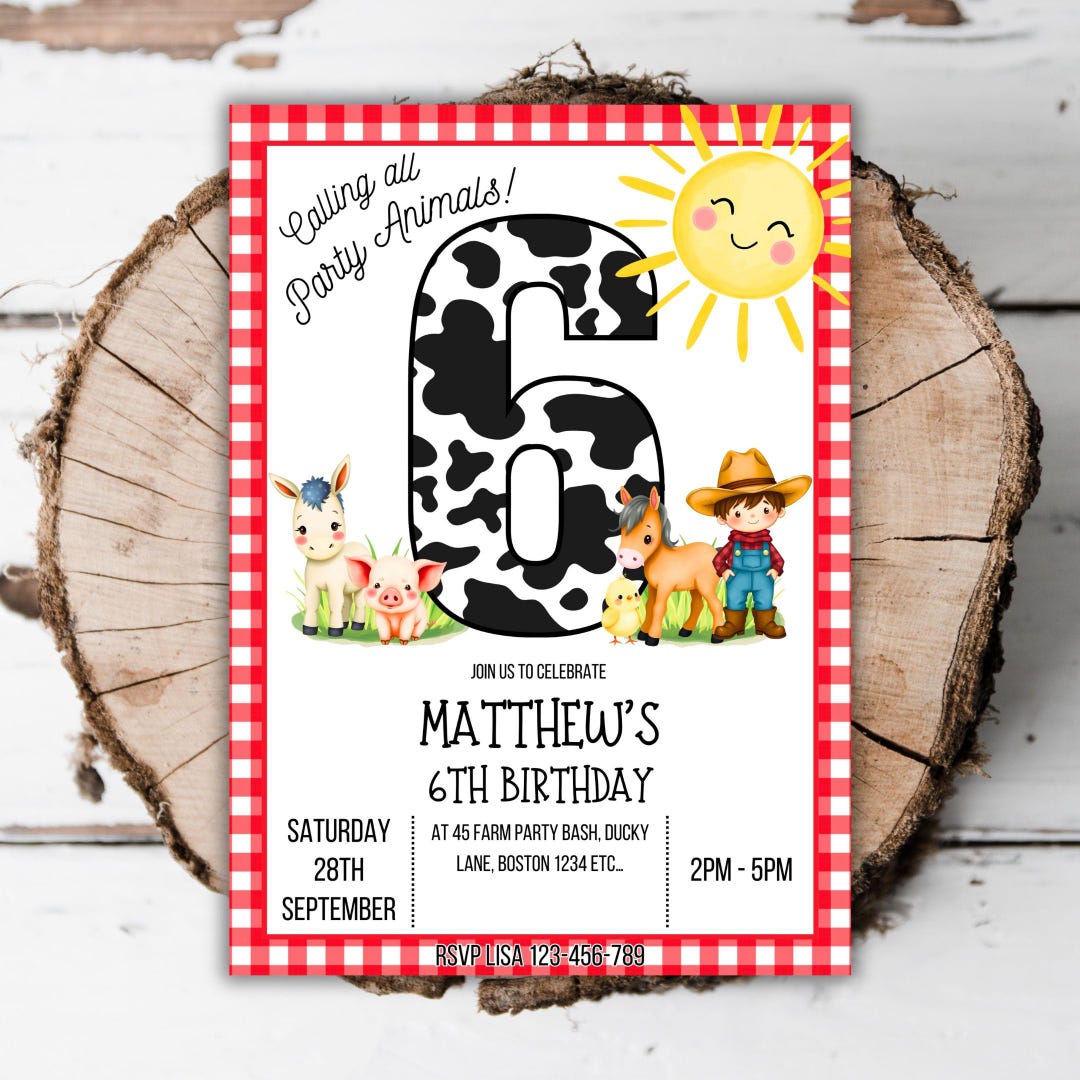 Printable Farm 6th Birthday Party Invitation Party Animals Editable ...