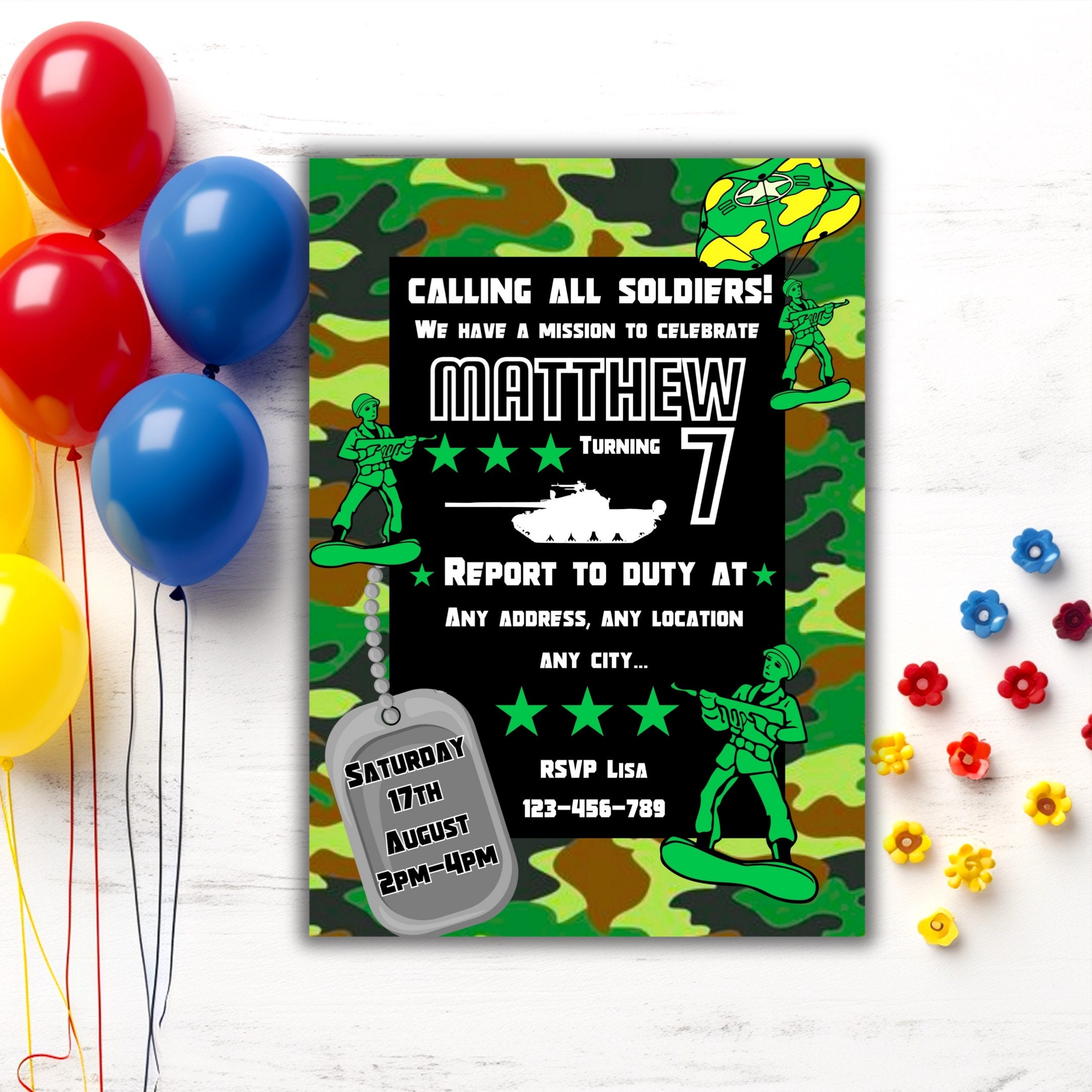Printable Army Soldier Birthday Party Invitation Military Editable ...