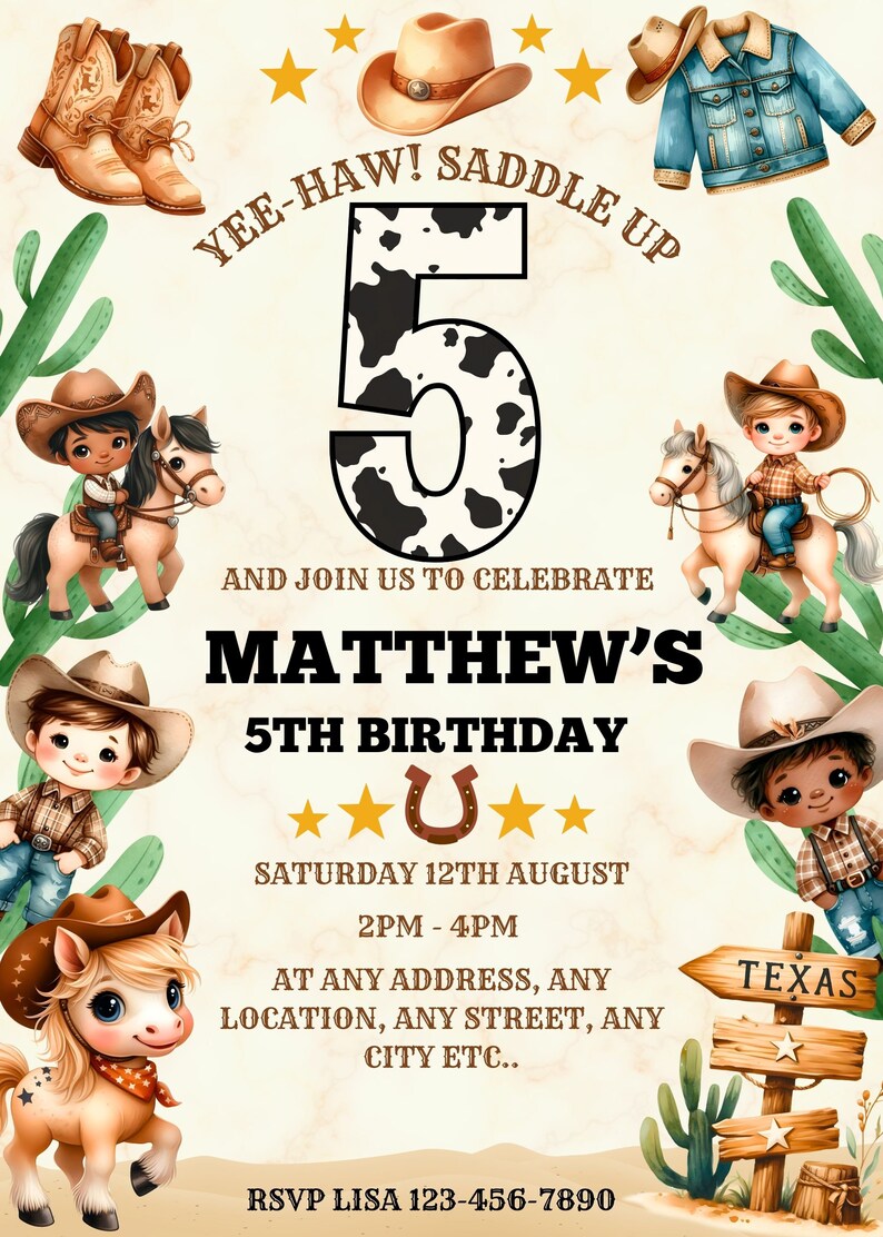 Printable Cowboy 5th Birthday Invitation Boys Wild West Rodeo Editable ...
