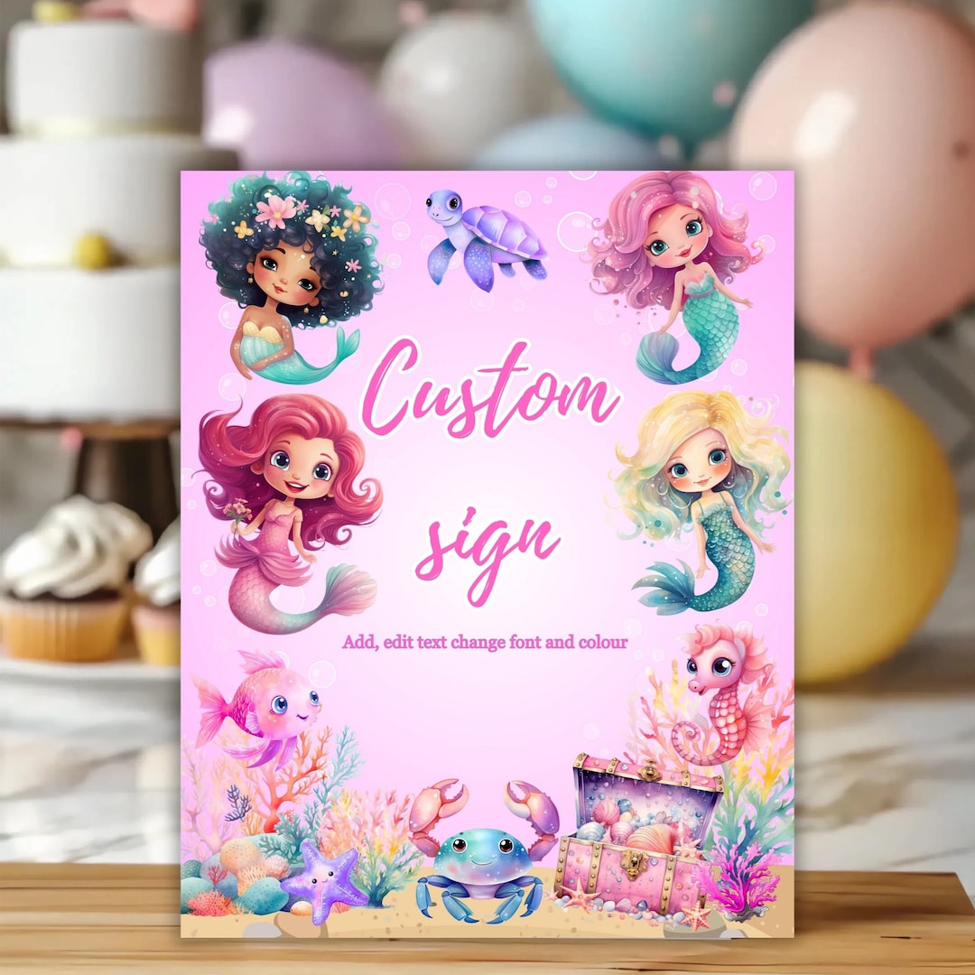 Printable Pink Mermaid Custom Birthday Party Sign Template Ocean Table ...