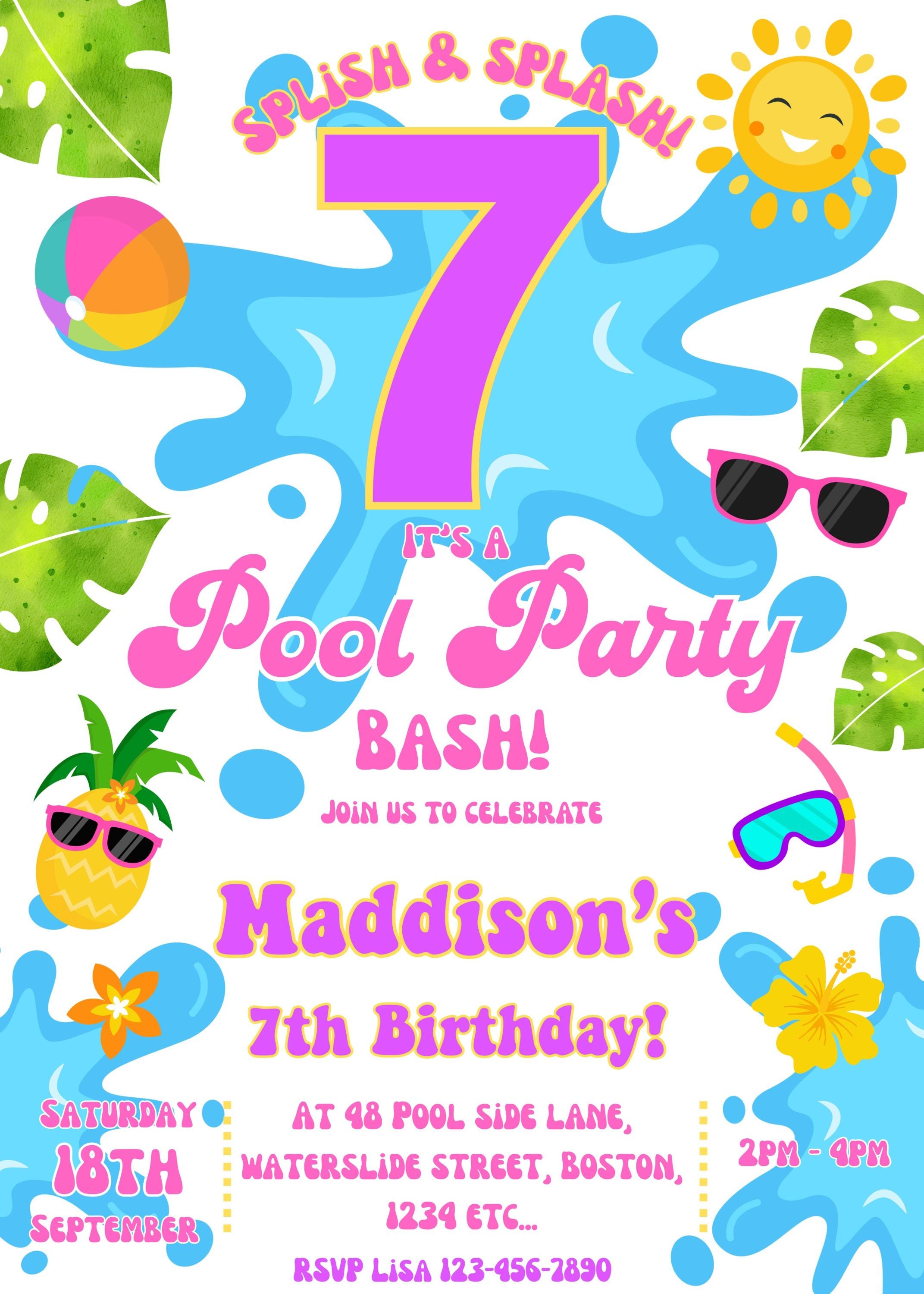 Printable Pool Party 7th Birthday Invitation Waterpark Editable Girls ...