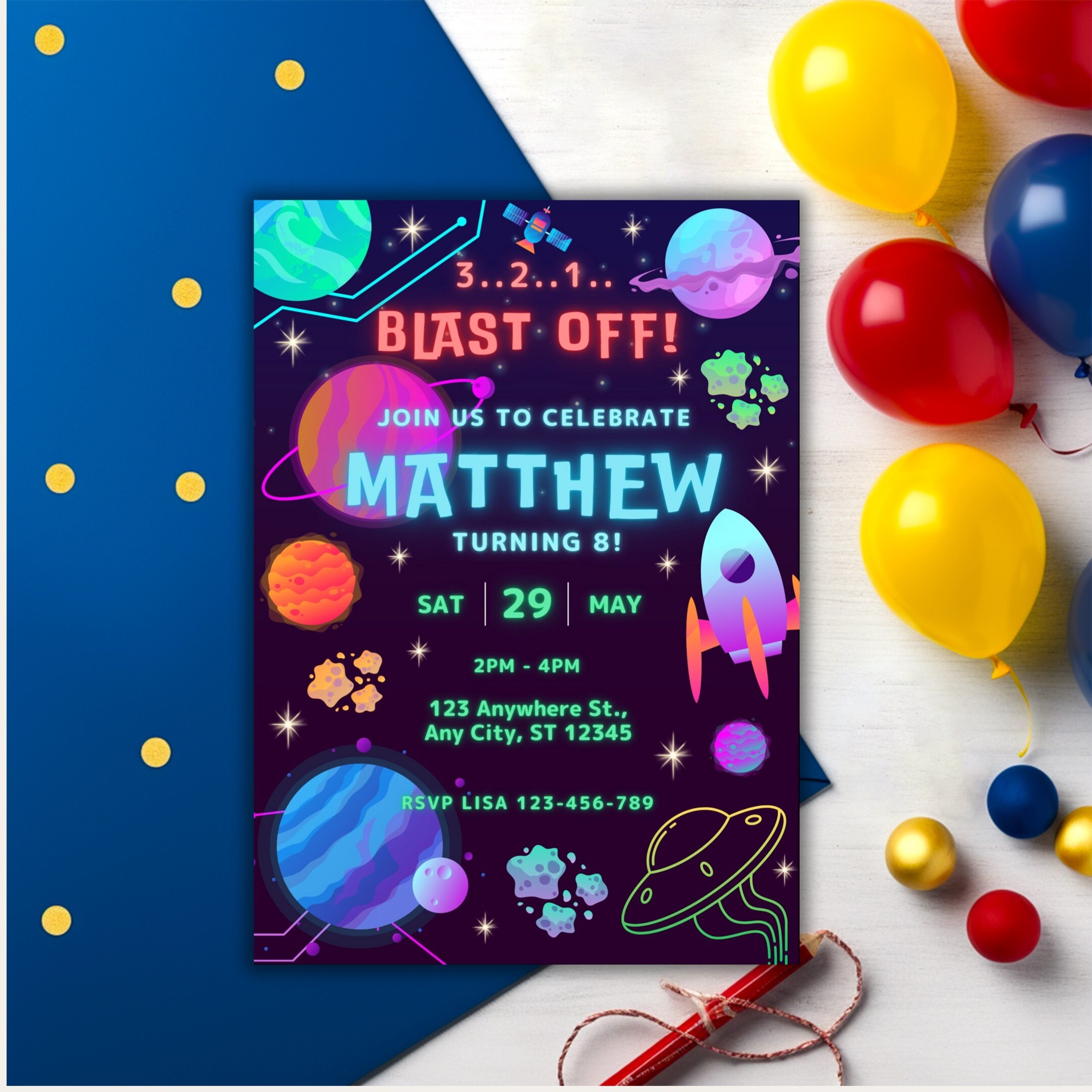 Printable Neon Glow Space Party Invitation Glow Birthday Party ...