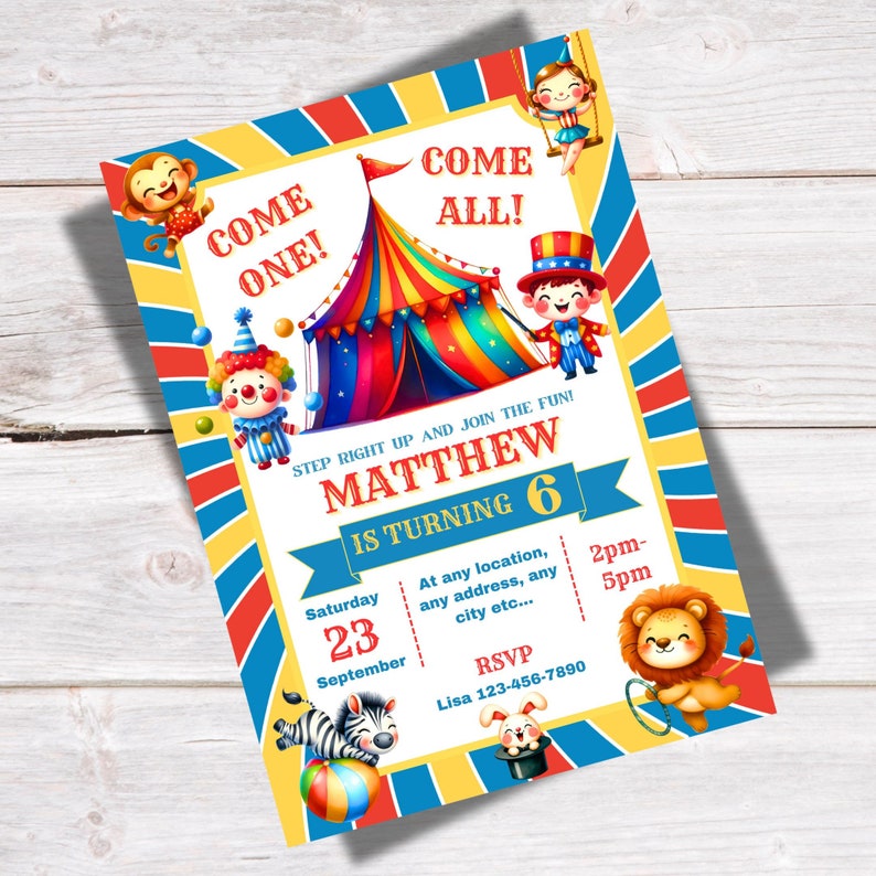 Printable Circus Birthday Invitation Boys Colourful Carnival Ticket ...