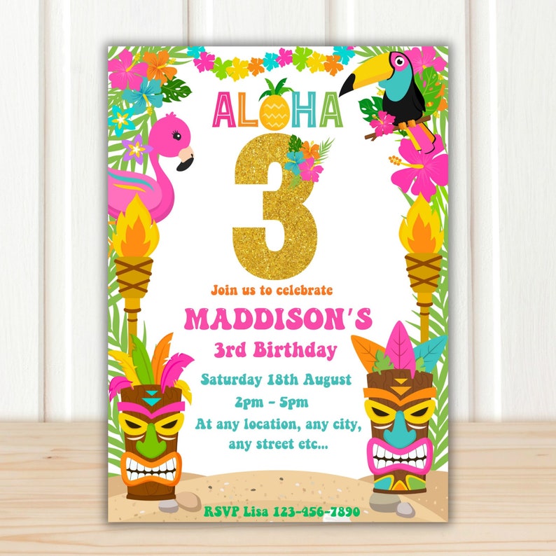 Printable Hawaiian Luau Girls 3rd Birthday Invitation Tropical Pool ...