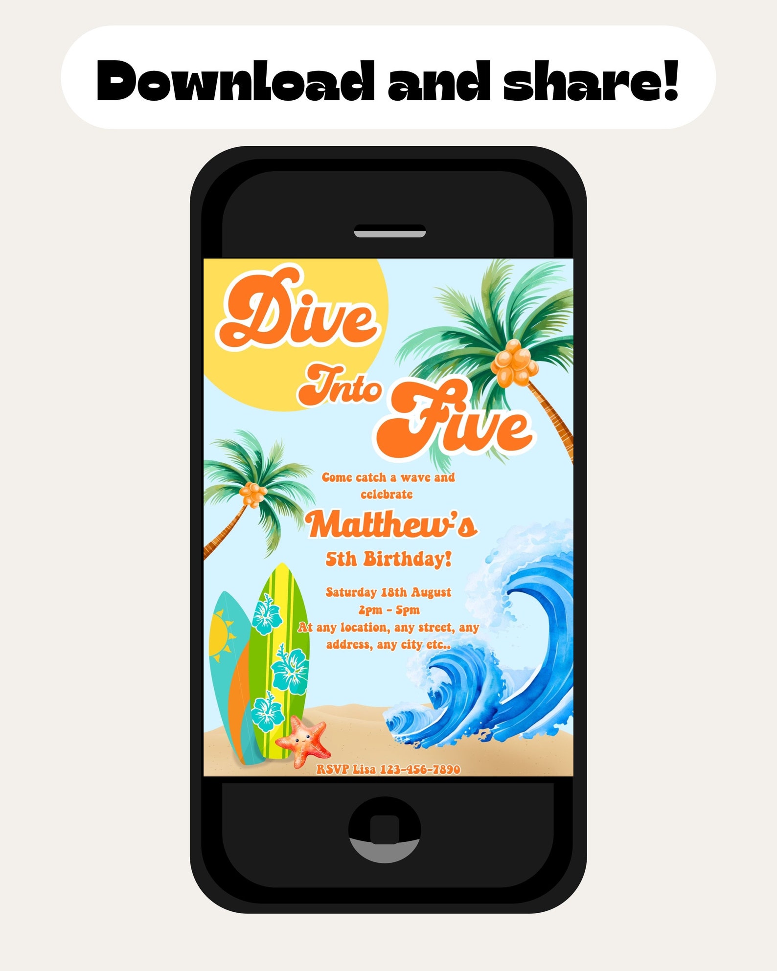 Printable Retro Dive Into Five Boys Invitation Surfing Editable Boys ...